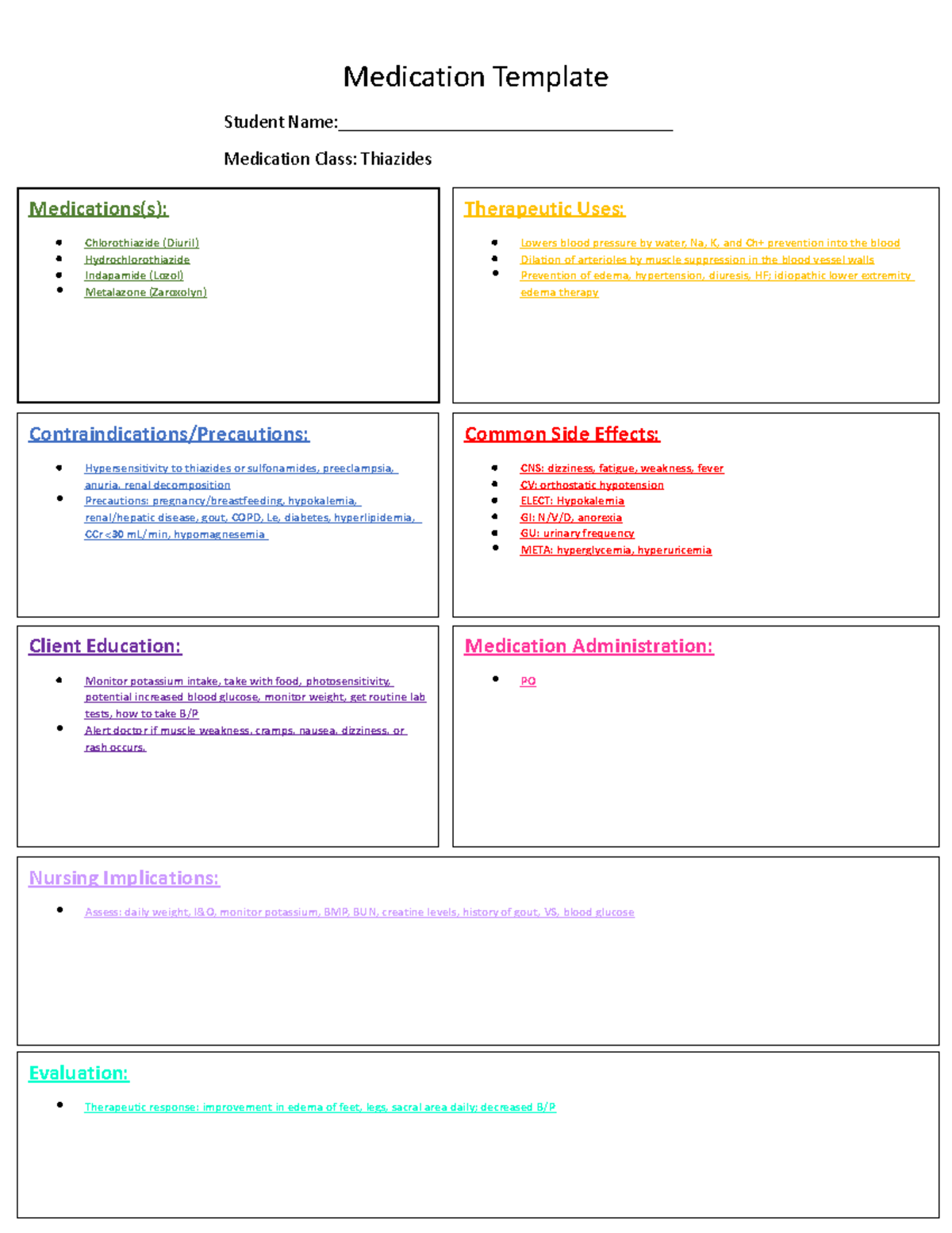 Drug - Thiazides - Drug Cards - Medication Template Student - Studocu