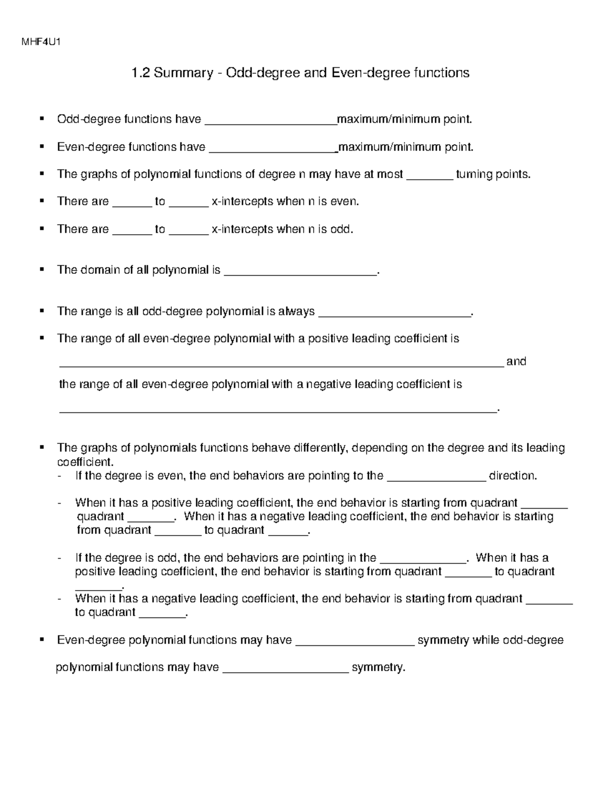 1 - functions - MHF4U 1 Summary - Odd-degree and Even-degree functions ...