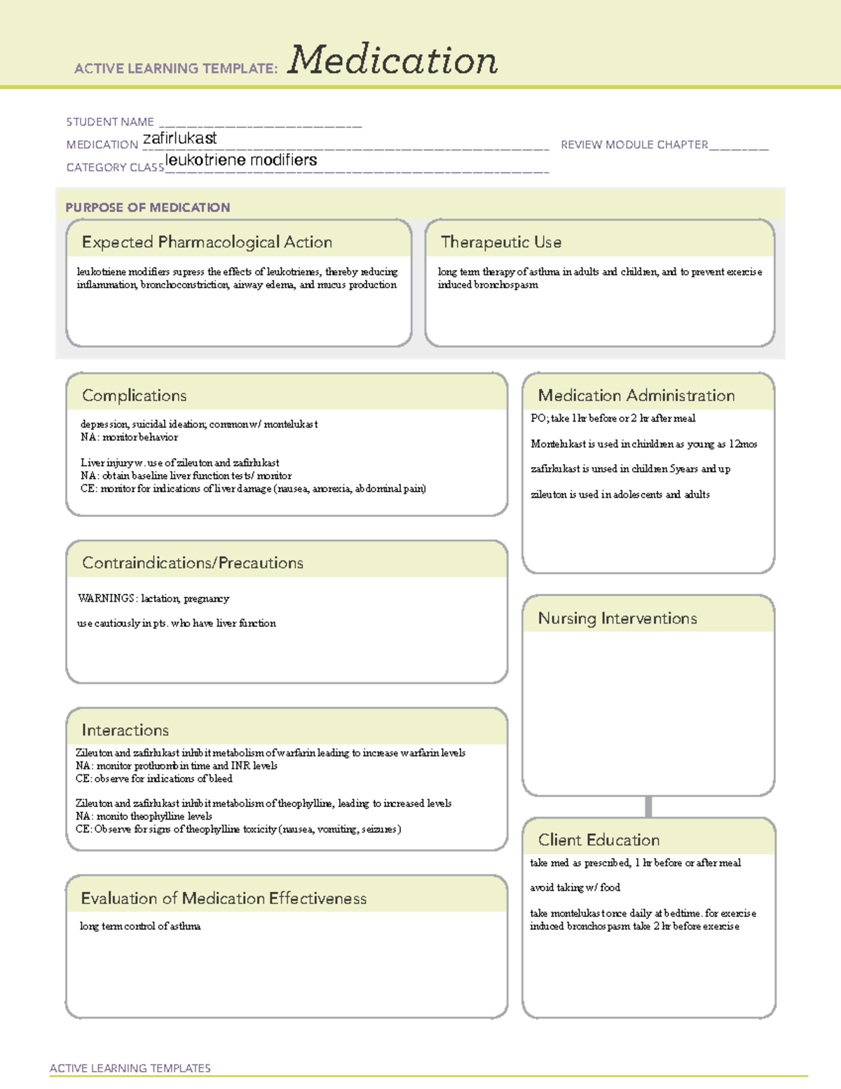 Leukotriene modifiers - zafirlukast - ACTIVE LEARNING TEMPLATES ...