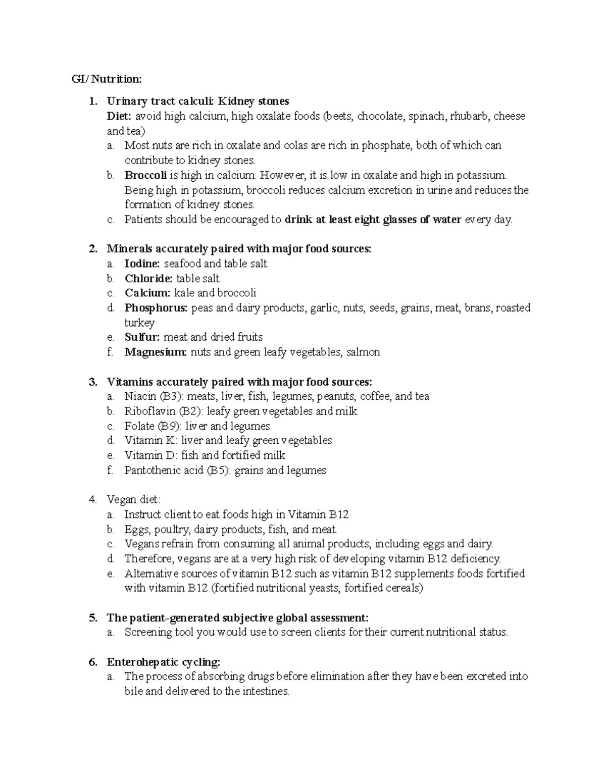 GI nutrition - NCLEX prep notes - GI/ Nutrition: 1. Urinary tract ...