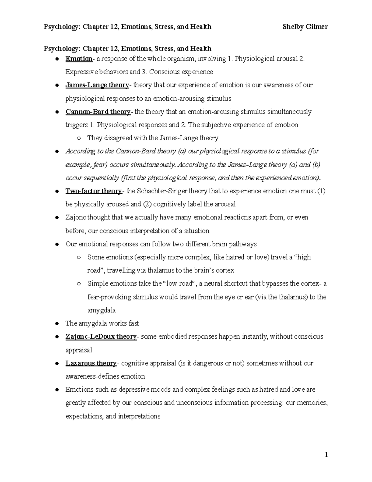Psychology: Chapter 12, Emotions, Stress, and Health - Physiological ...