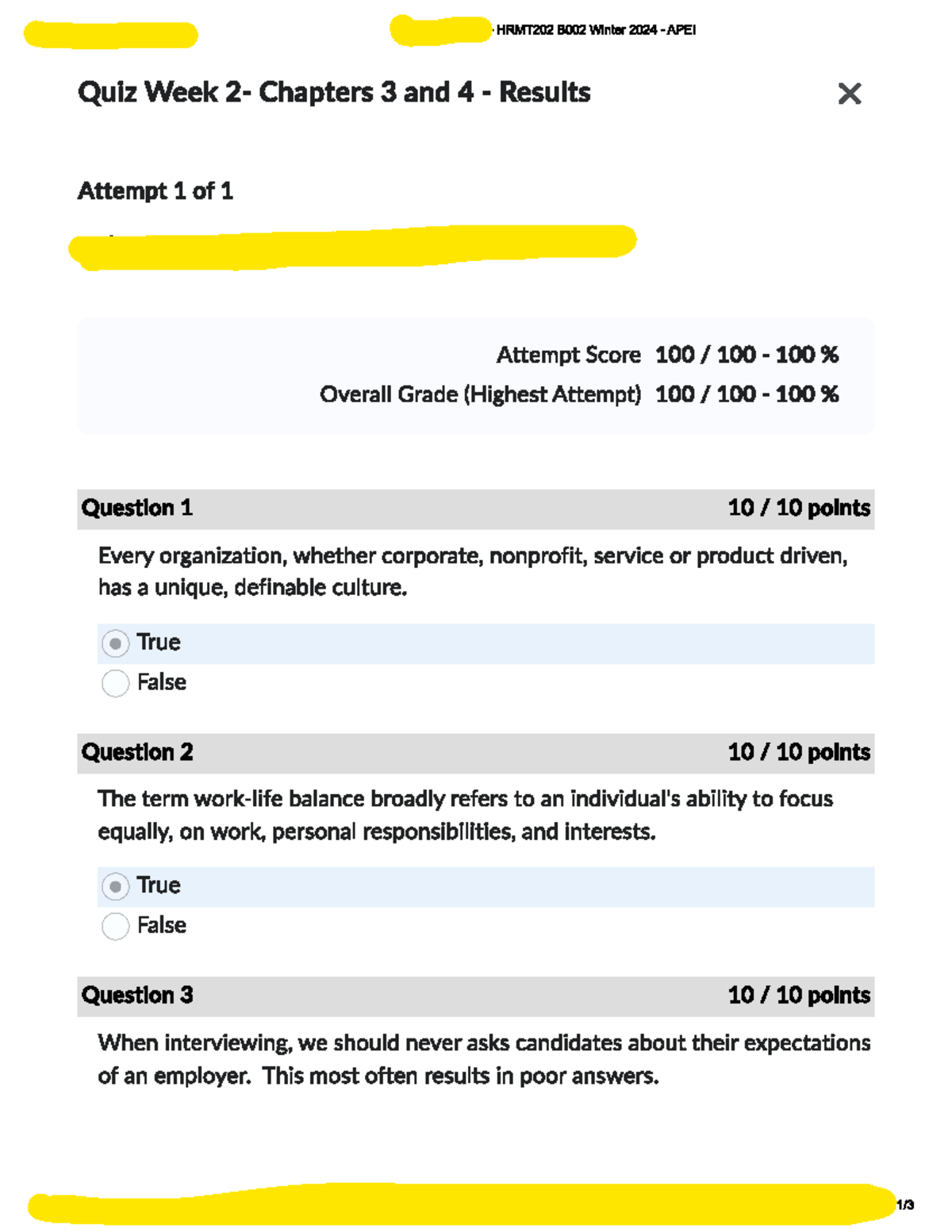 HRMT202 Quiz Week 2- Chapters 3 and 4 - Results - Interviewing ...