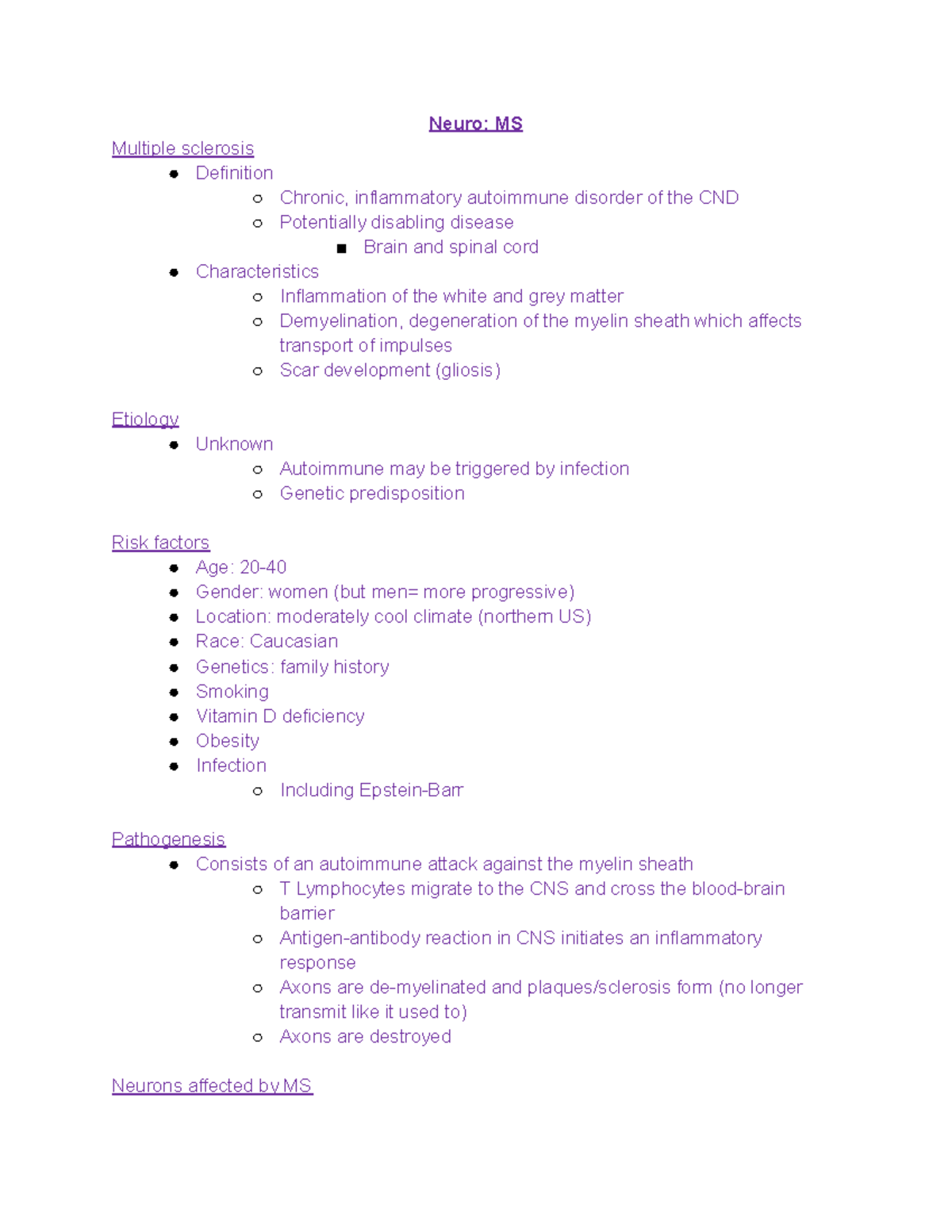 Neuro - MS, ALC, GB notes - Neuro: MS Multiple sclerosis Definition ...