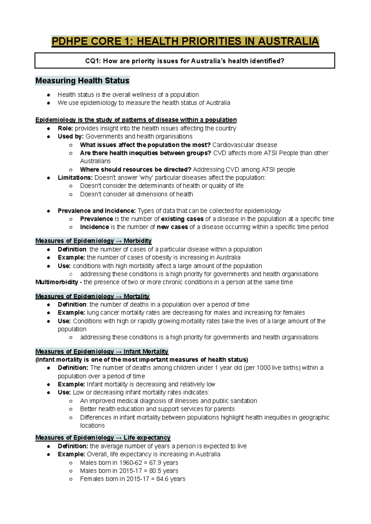 Pdhpe HSC Notes - study this... - PDHPE CORE 1: HEALTH PRIORITIES IN ...