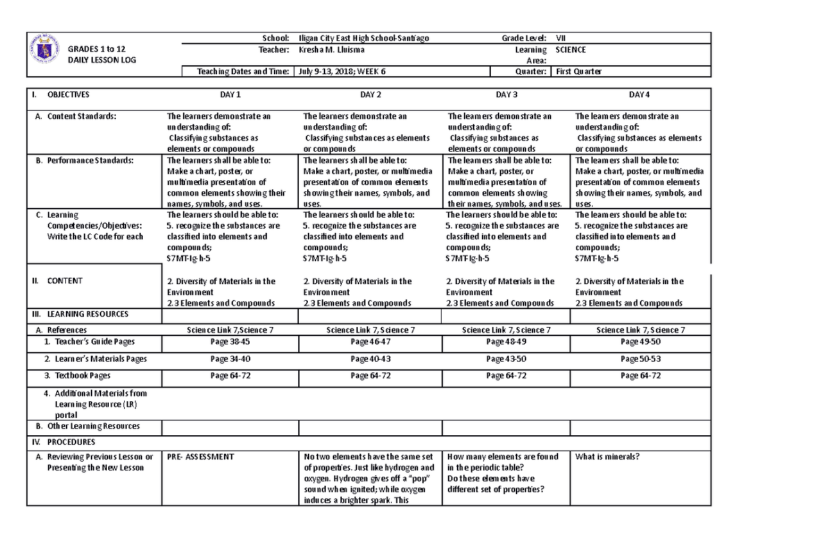 DLL Science Q1 W6 - LESSON PLAN ON BIOLOGY - GRADES 1 to 12 DAILY LESSON LOG School: Iligan City ...
