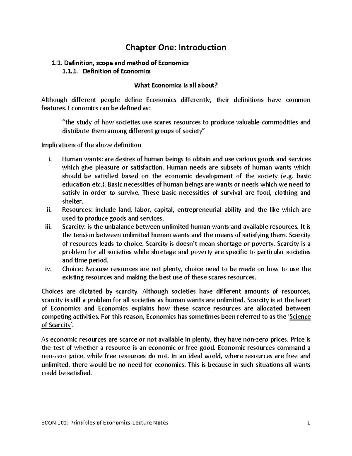 Econ101 Chapter 1 1 Lecture Note Chapter One Introduction 1 Definition Scope And Method