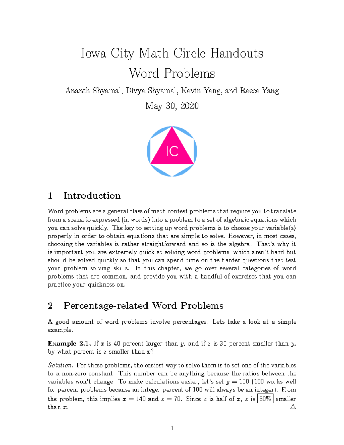 Word Problems Statistics - Iowa City Math Circle Handouts Word Problems ...