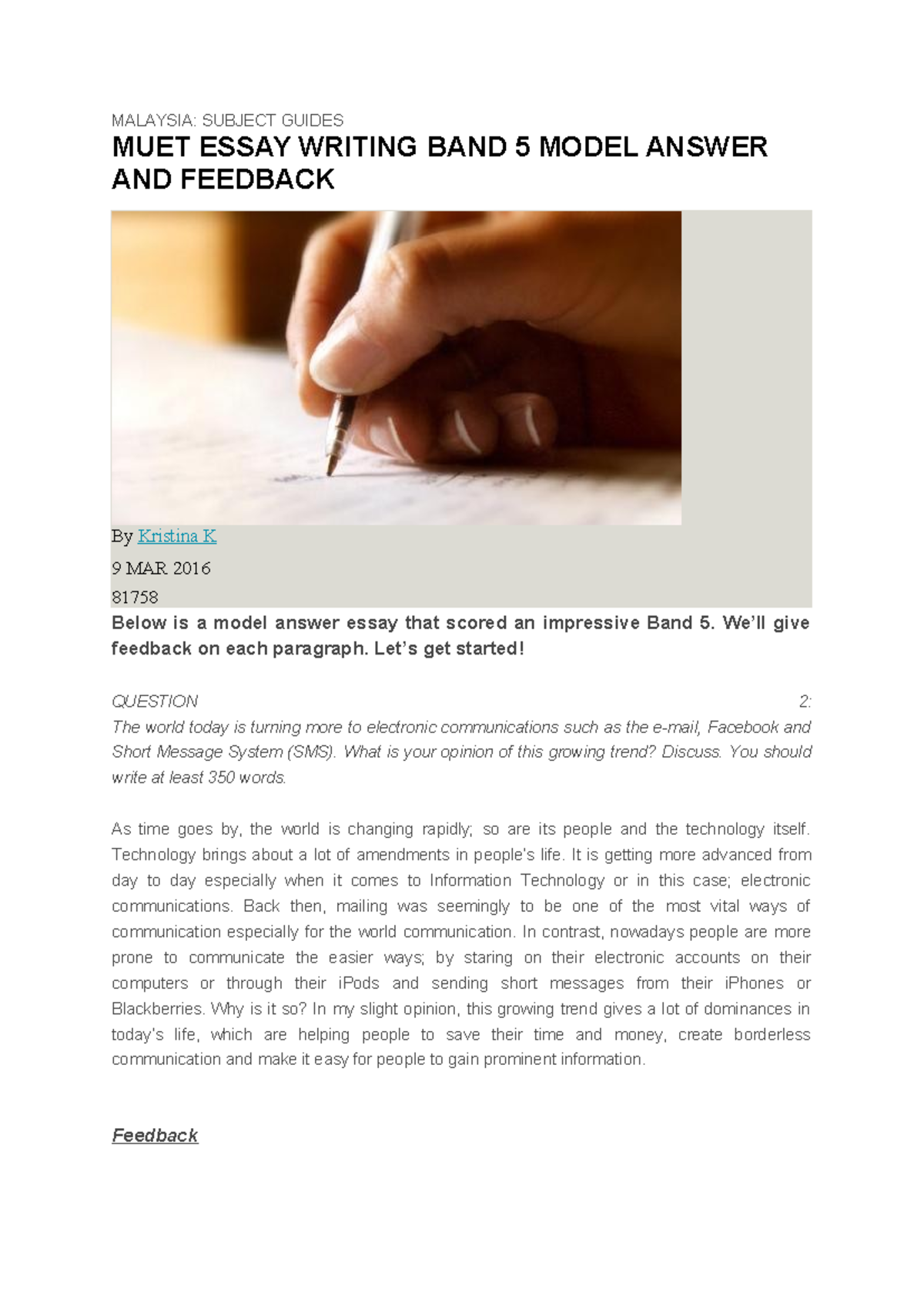 MUET Essay Writing BAND 5 Model Answer A - MALAYSIA: SUBJECT GUIDES ...