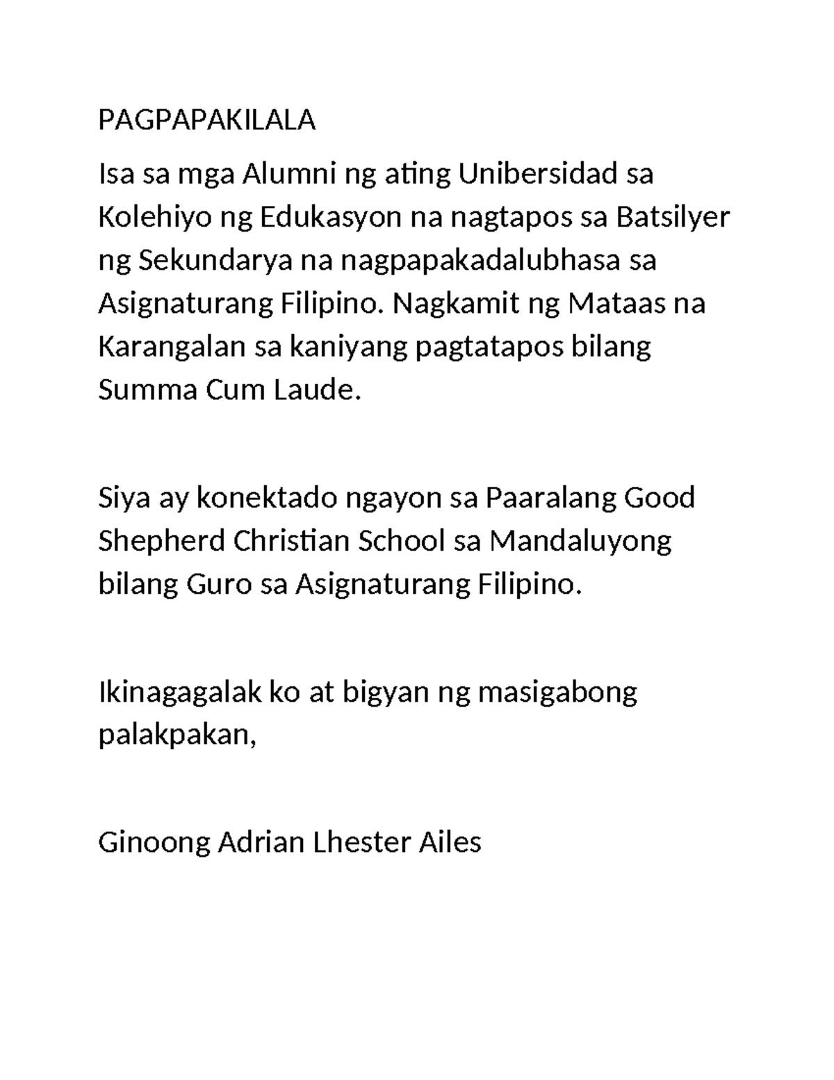 Pagpapakilala - dsvvsvsvs - Filipino Grade 7 - PAGPAPAKILALA Isa sa mga ...