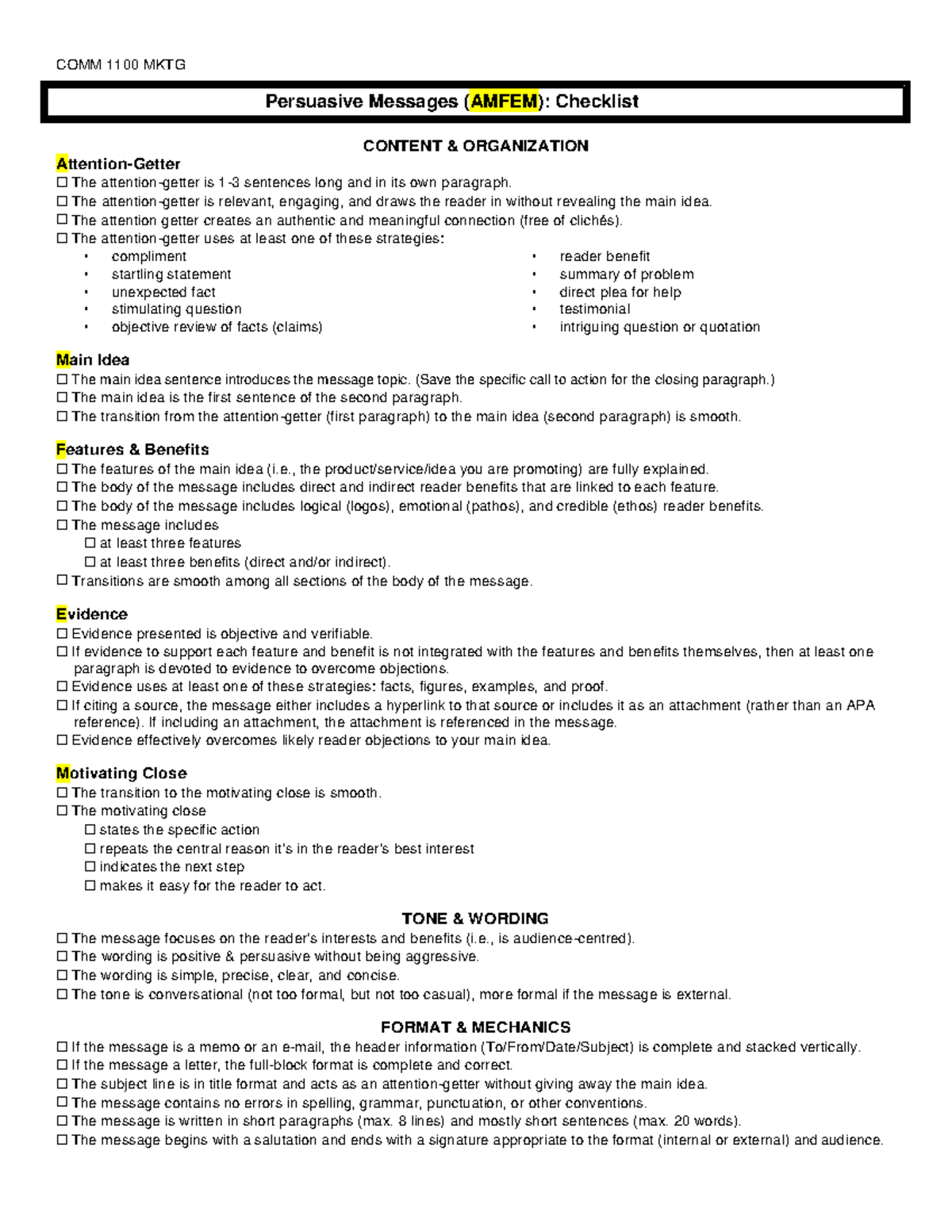 COMM1100Persuasive Message Checklist - Persuasive Messages ( AMFEM): Checklist COMM 1100 MKTG ...