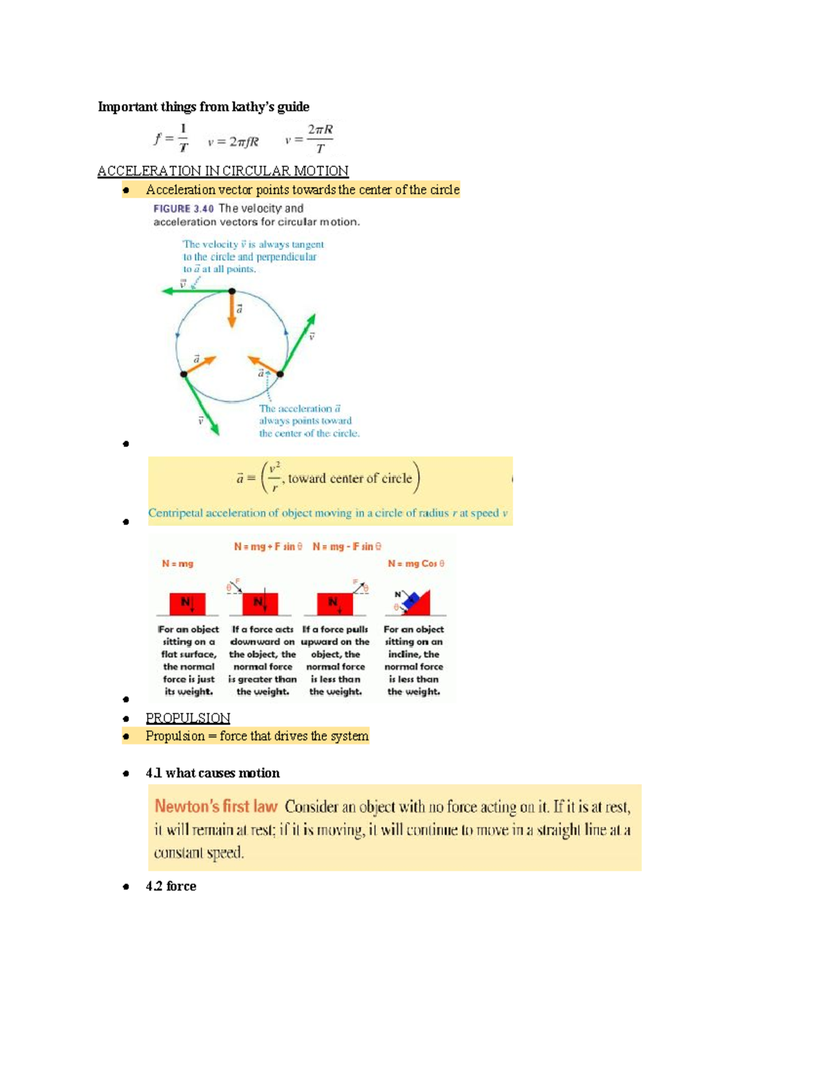 Midterm 2 study guide - Important things from kathy’s guide ACCELERATION IN CIRCULAR MOTION ...