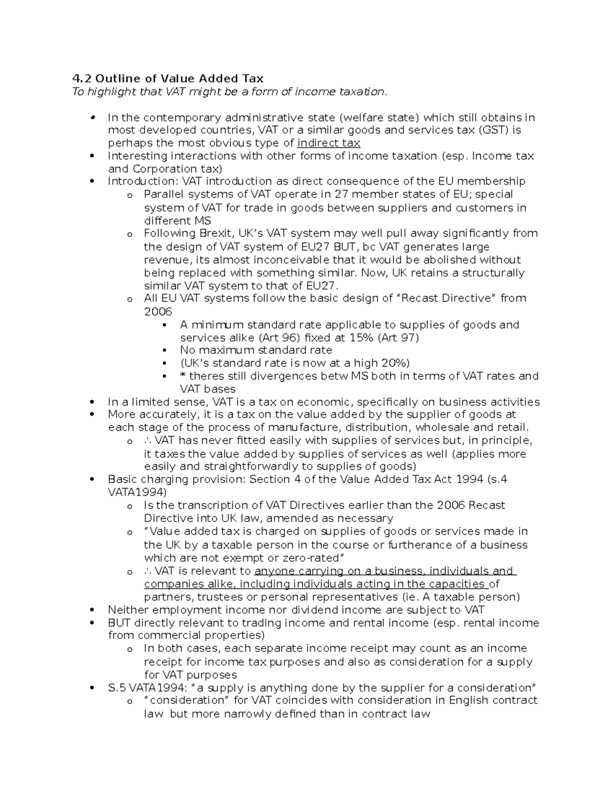 Tax Week 4 - Lecture notes 4 - 4 Outline of Value Added Tax To ...