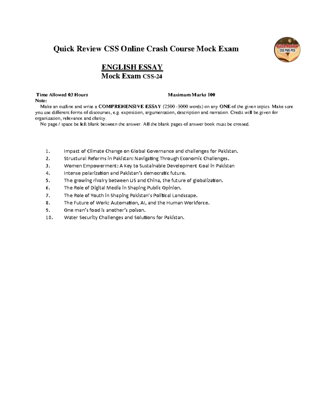 Mock Englis Essay-1 - Political science - Quick Review CSS Online Crash ...