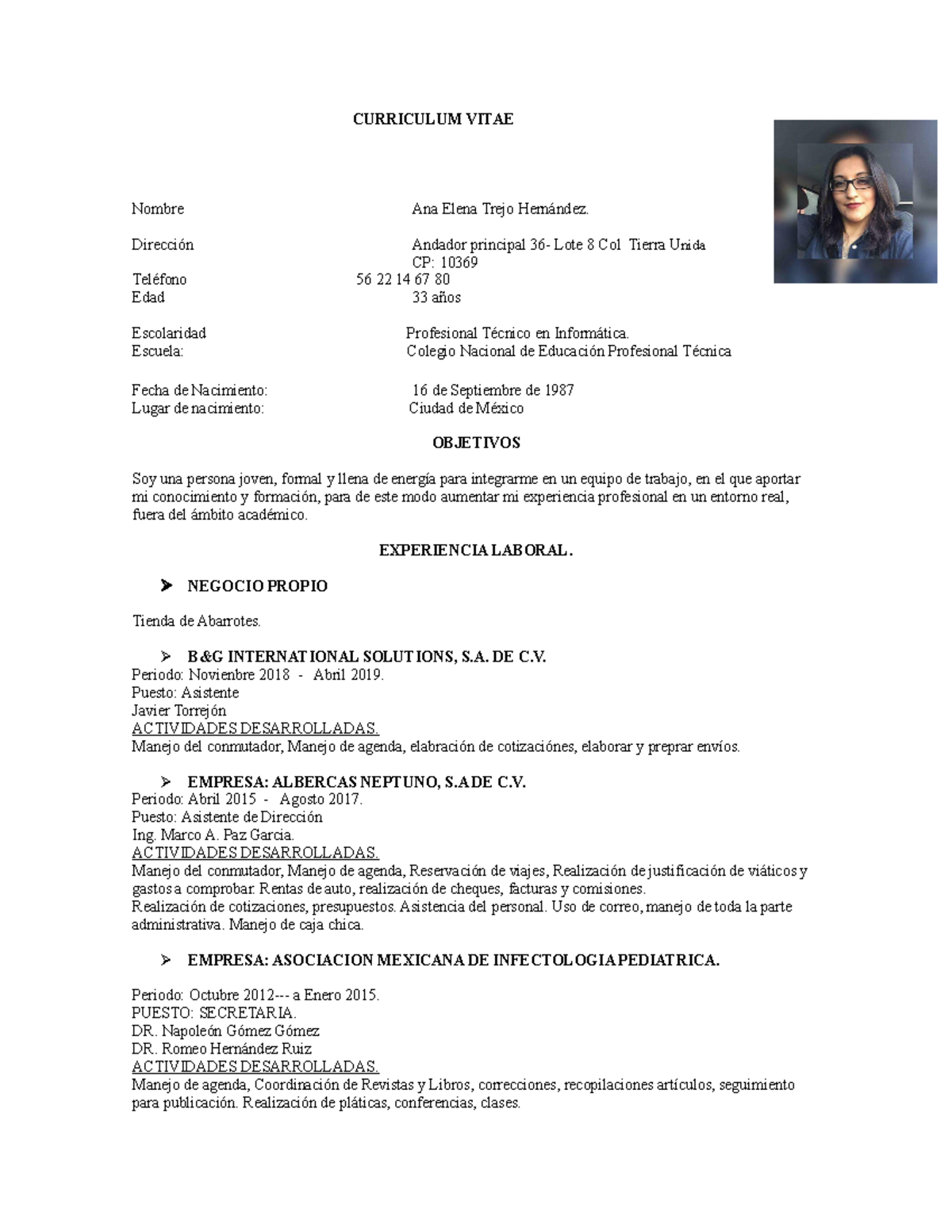 CV ANA - DISCUSION - CURRICULUM VITAE Nombre Ana Elena Trejo Hernández ...