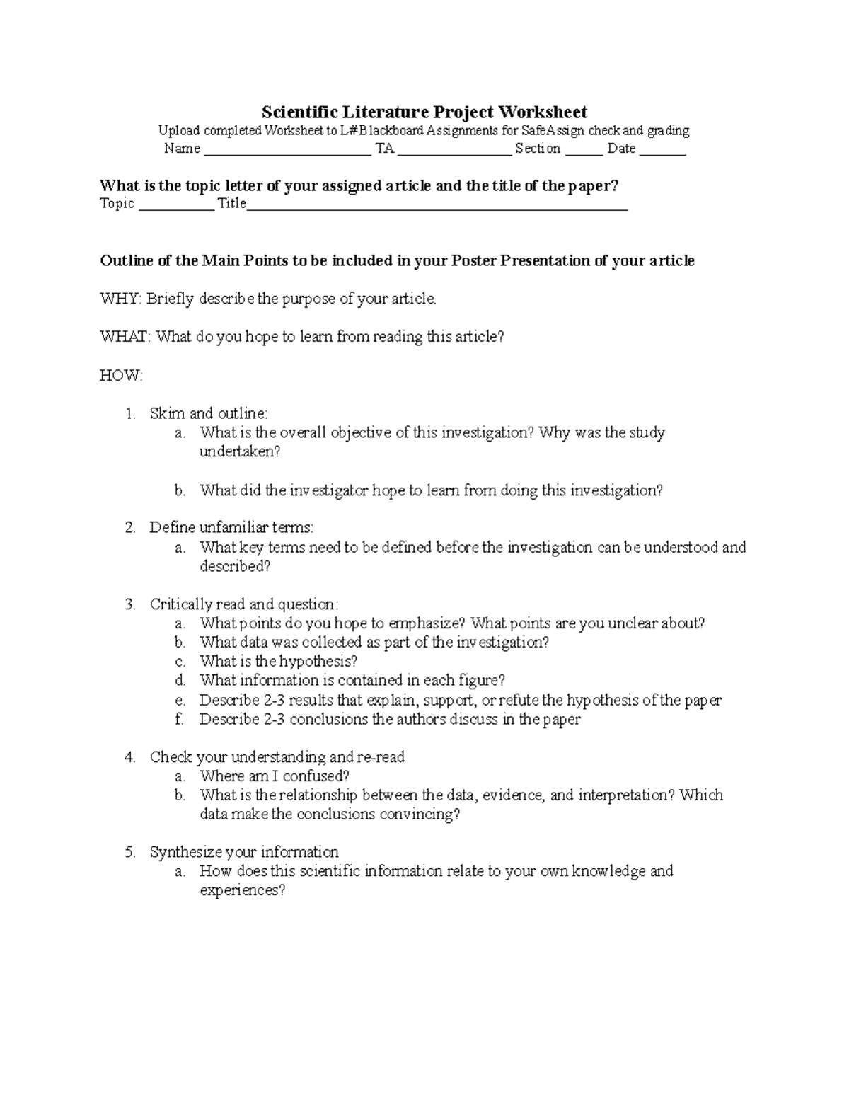Sci Lit Project Worksheet - Scientific Literature Project Worksheet ...