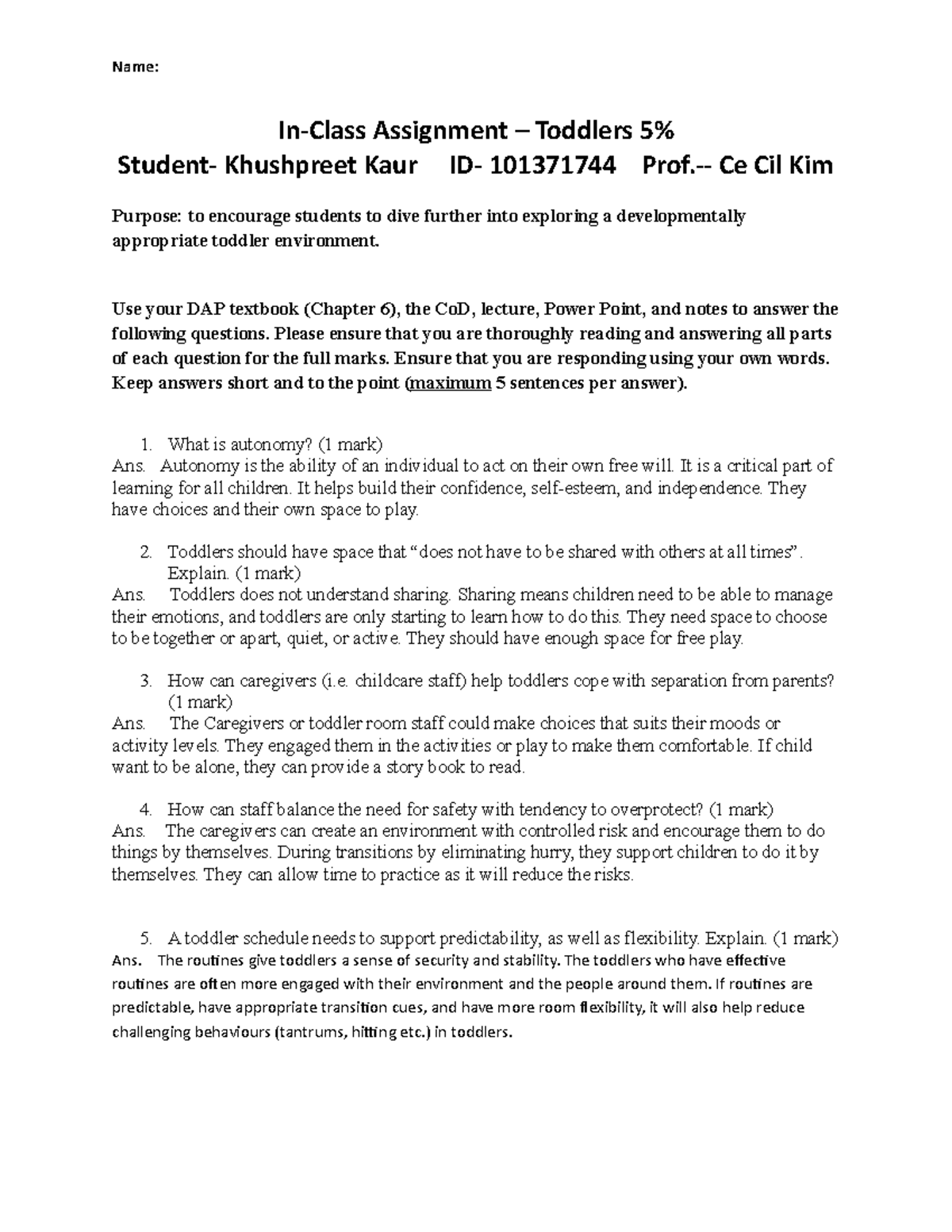 In Class Assignment Toddler copy - Name: In-Class Assignment – Toddlers 5% Student- Khushpreet ...