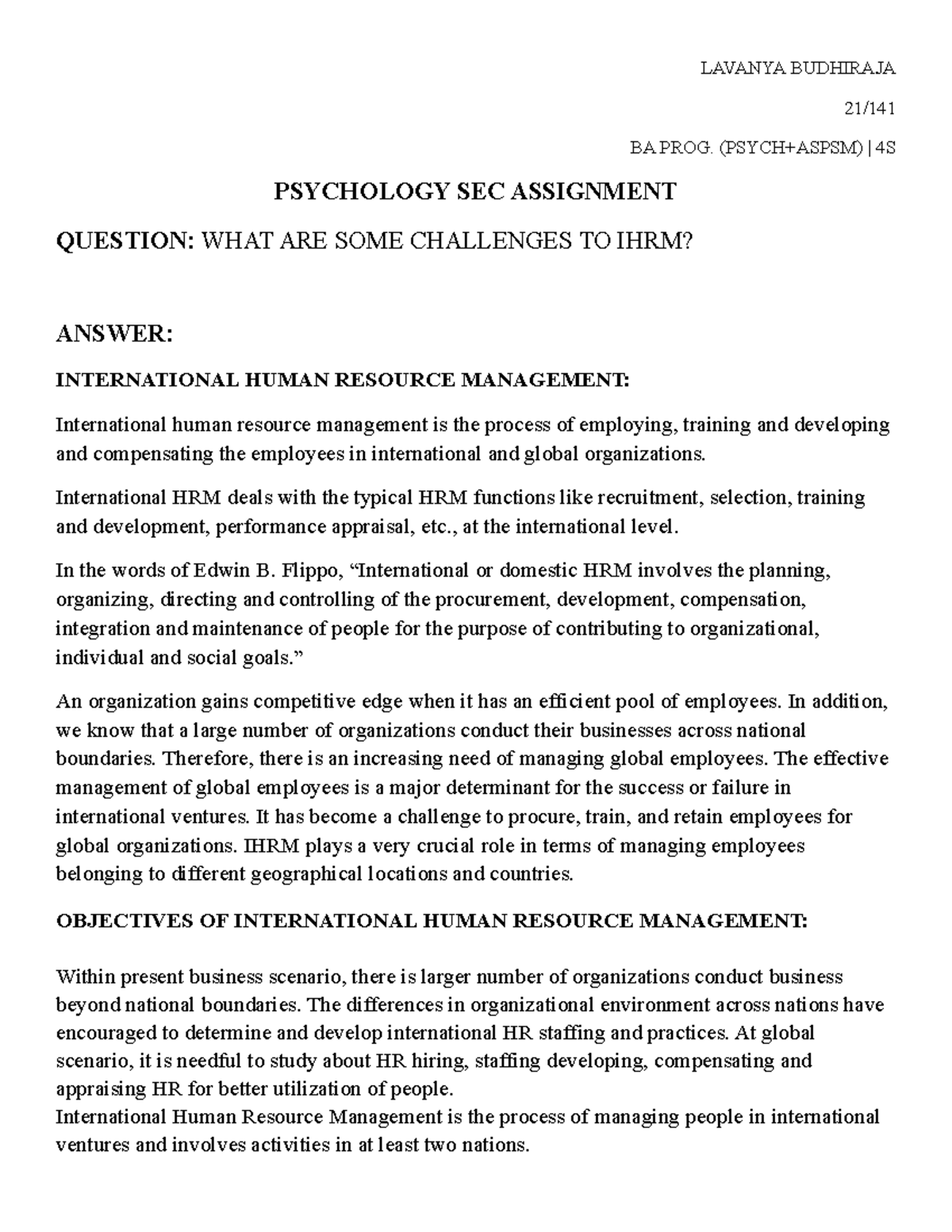 Psych sec assignment - LAVANYA BUDHIRAJA 21/ BA PROG. (PSYCH+ASPSM) | 4S PSYCHOLOGY SEC ...