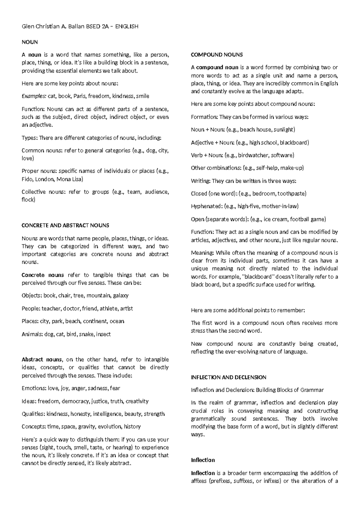 NOUN - module essay - Glen Christian A. Ballan BSED 2A – ENGLISH NOUN A ...