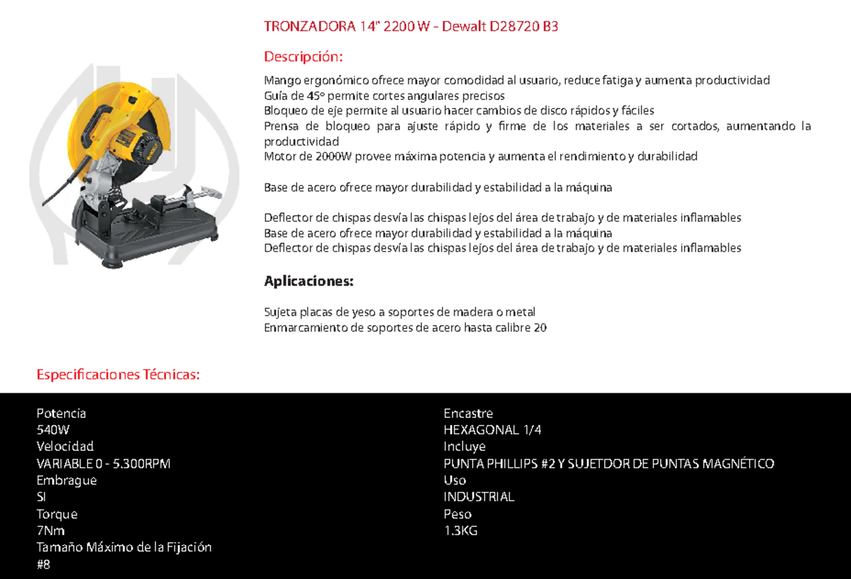 Ficha Tronzadora - TRONZADORA 14" 2200 W - Dewalt D28720 B Mango ...