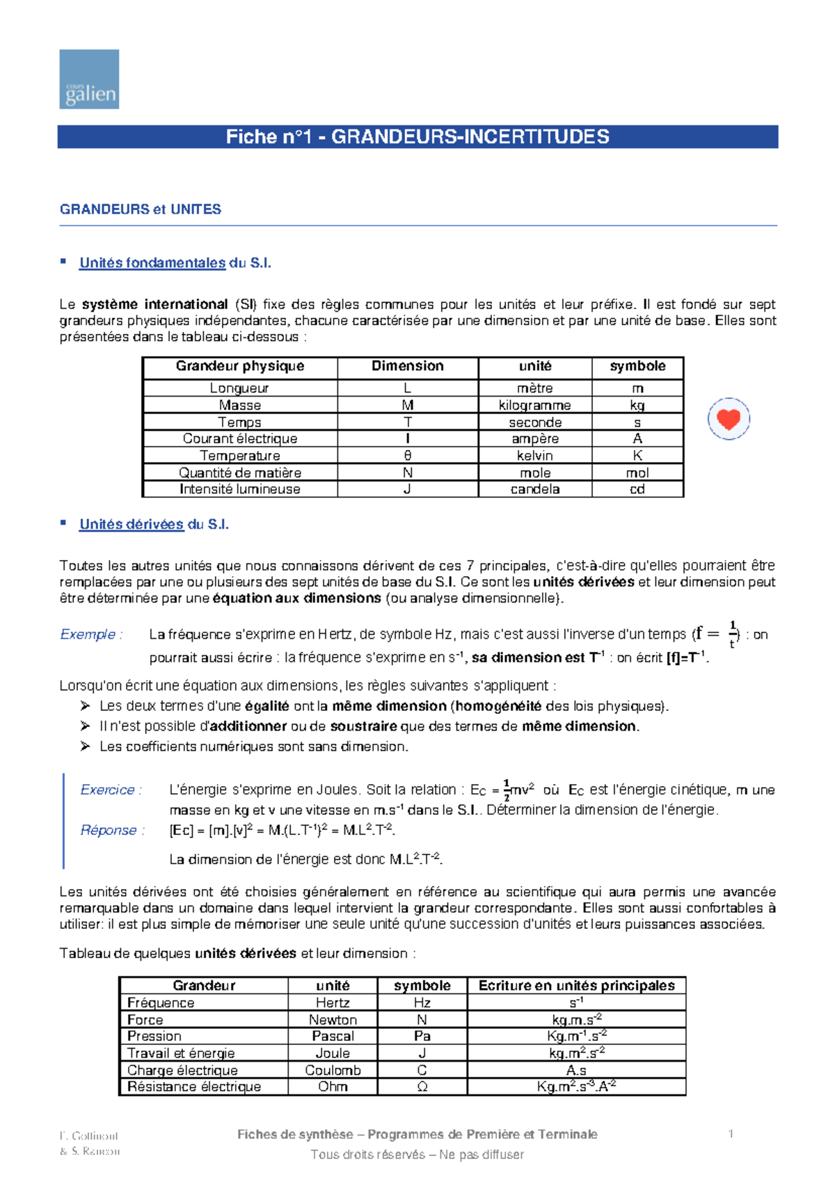 Physique - Fiche 1 - Grandeurs et incertitudes - Fiches de synthèse – Programmes de Première et ...
