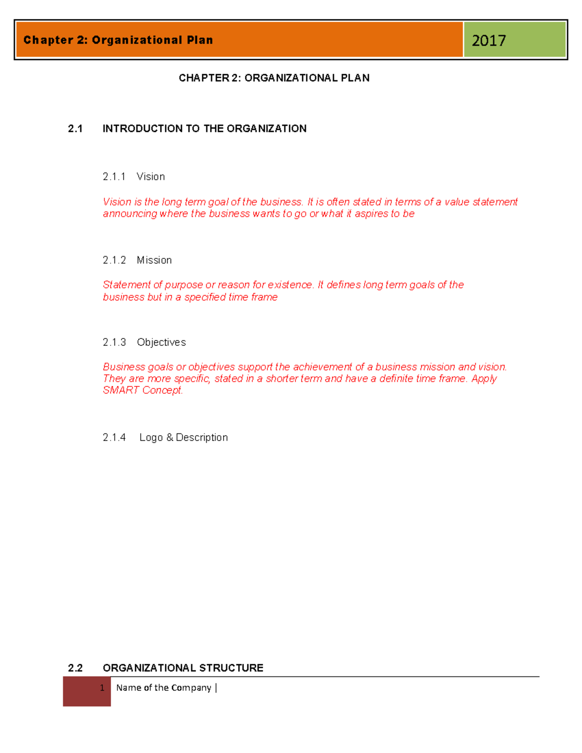 BP Template Chapter 2 Organizational Plan - CHAPTER 2: ORGANIZATIONAL ...