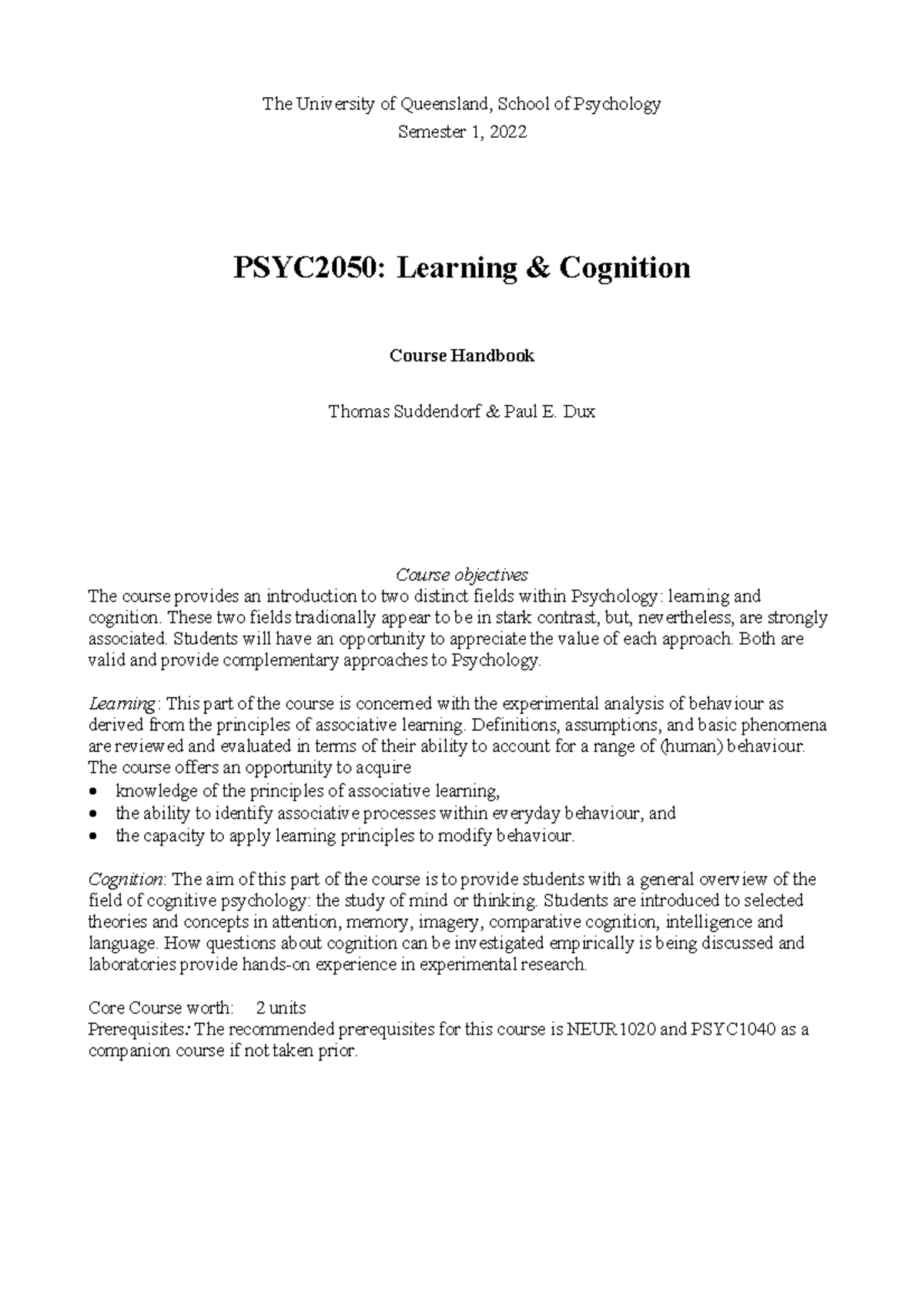 Handout PSYC2050 Sem1 2022 - The University of Queensland, School of Psychology Semester 1, 2022 ...