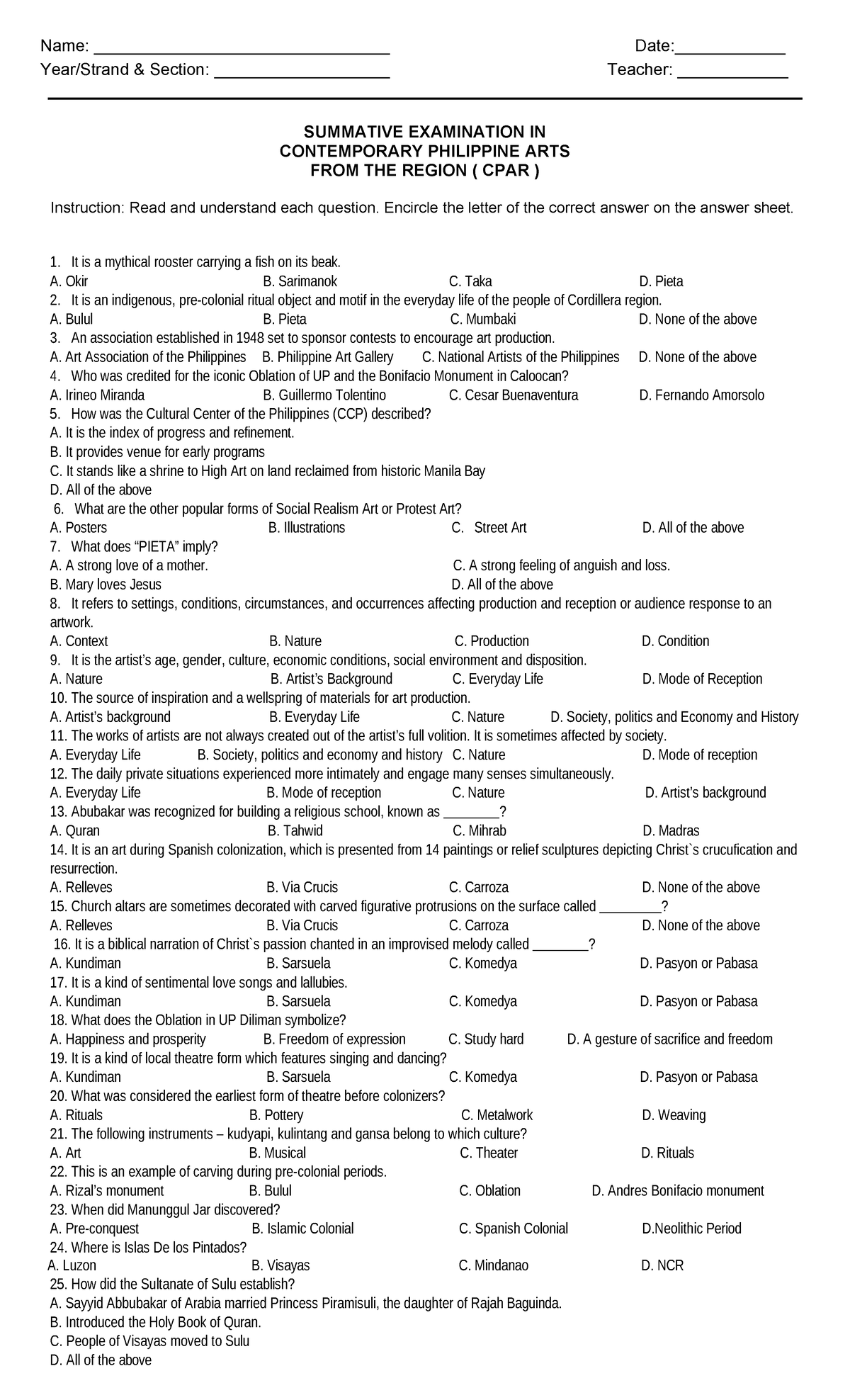 G12 Contemporary ARTS Summative Examination 2 - Name ...