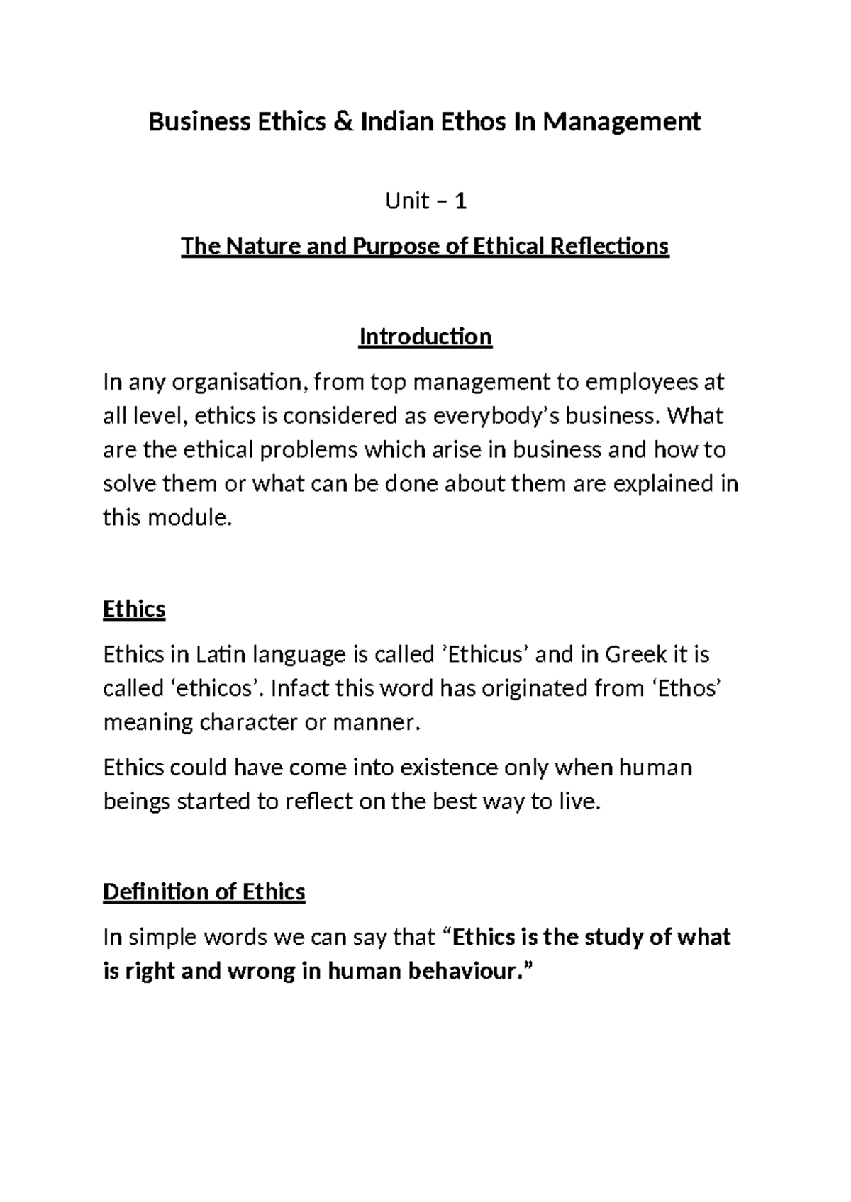 Business Ethics Unit 1 - part 1 - Business Ethics & Indian Ethos In ...