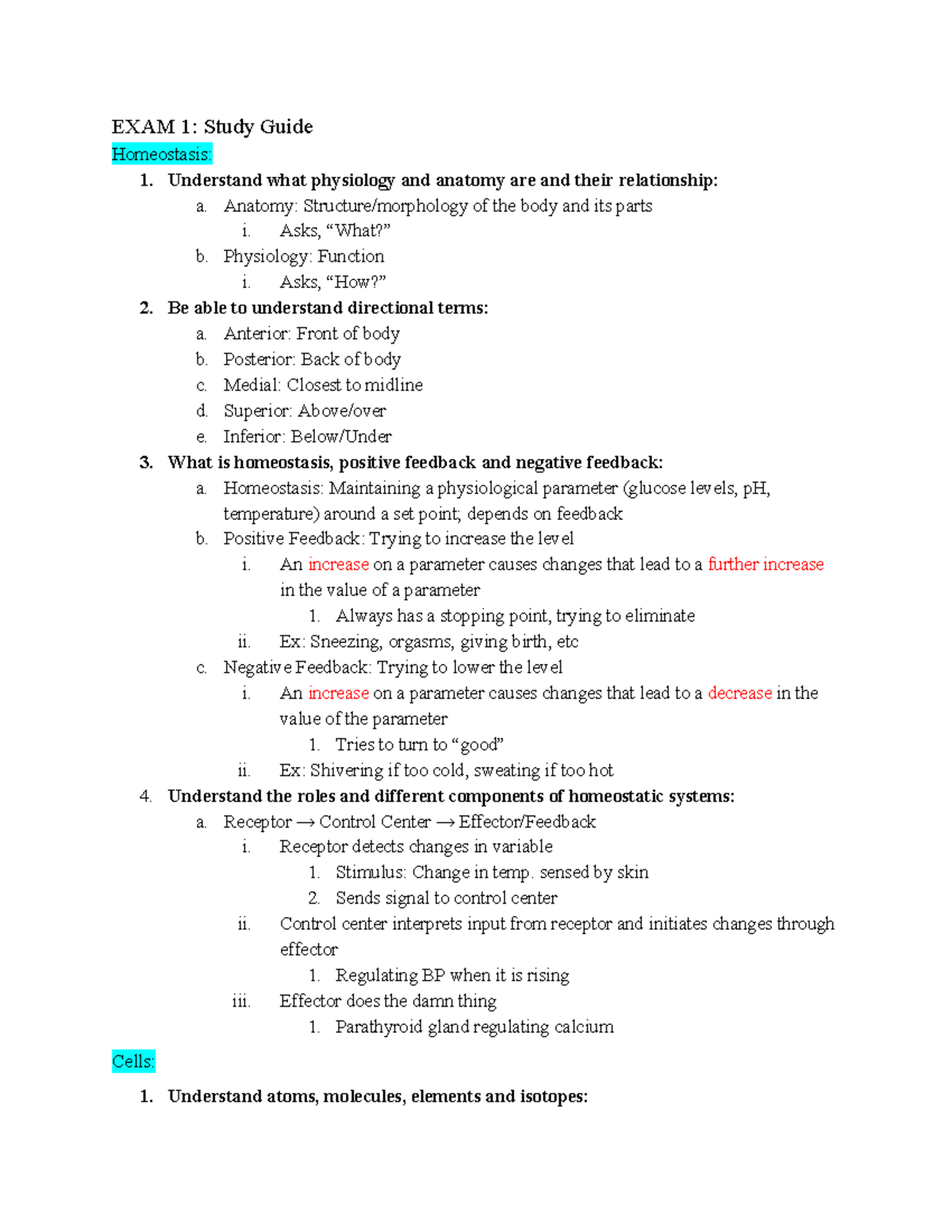 Exam 1: Study Guide - EXAM 1: Study Guide Homeostasis: 1. Understand ...