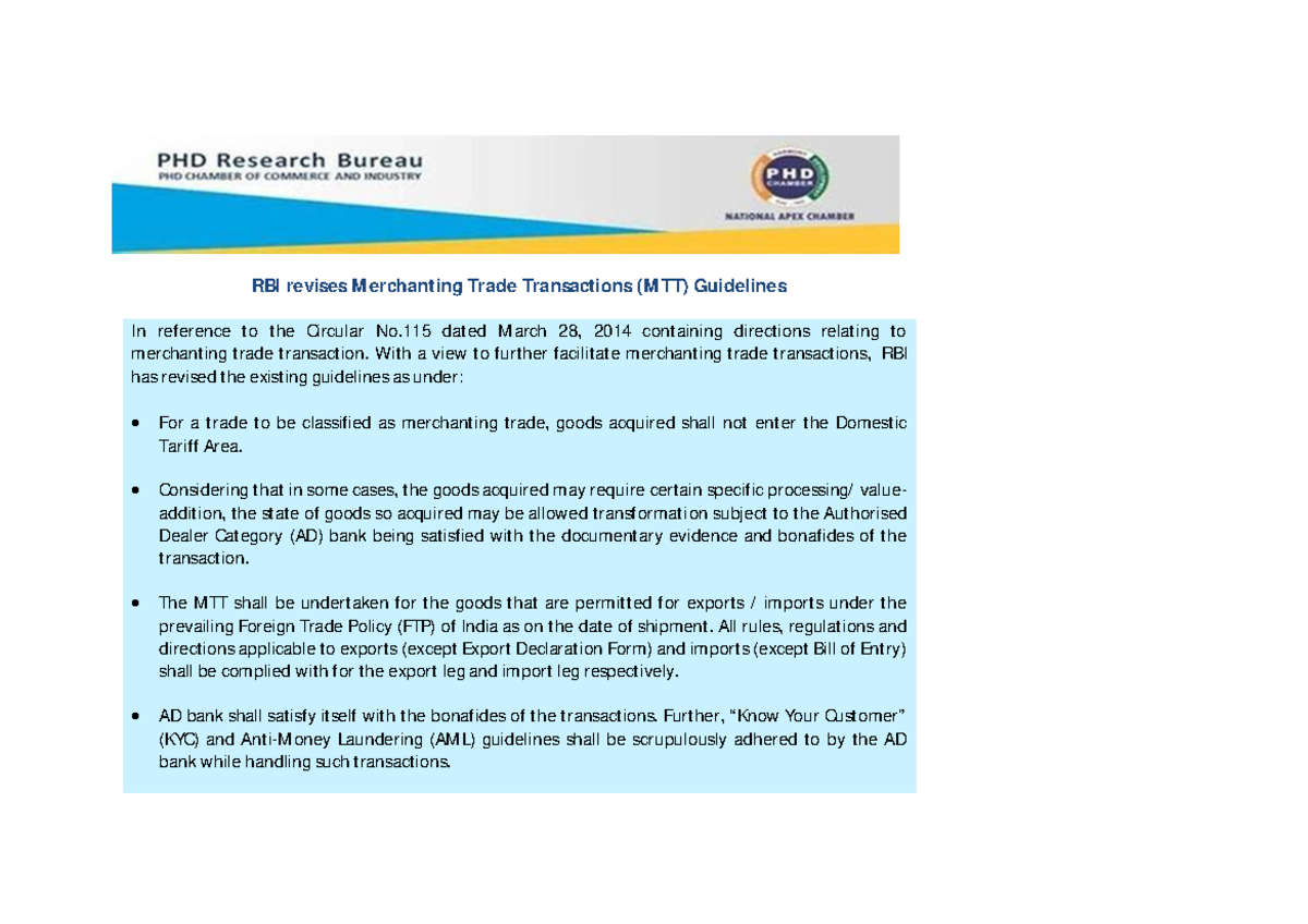 RBI revises Merchanting Trade Transactions MTT Guidelines - With a view ...