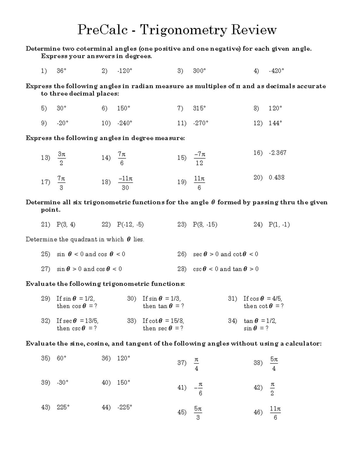 Trig Review - $m$m$m$m$m - PreCalc - Trigonometry Review Determine two coterminal angles (one ...