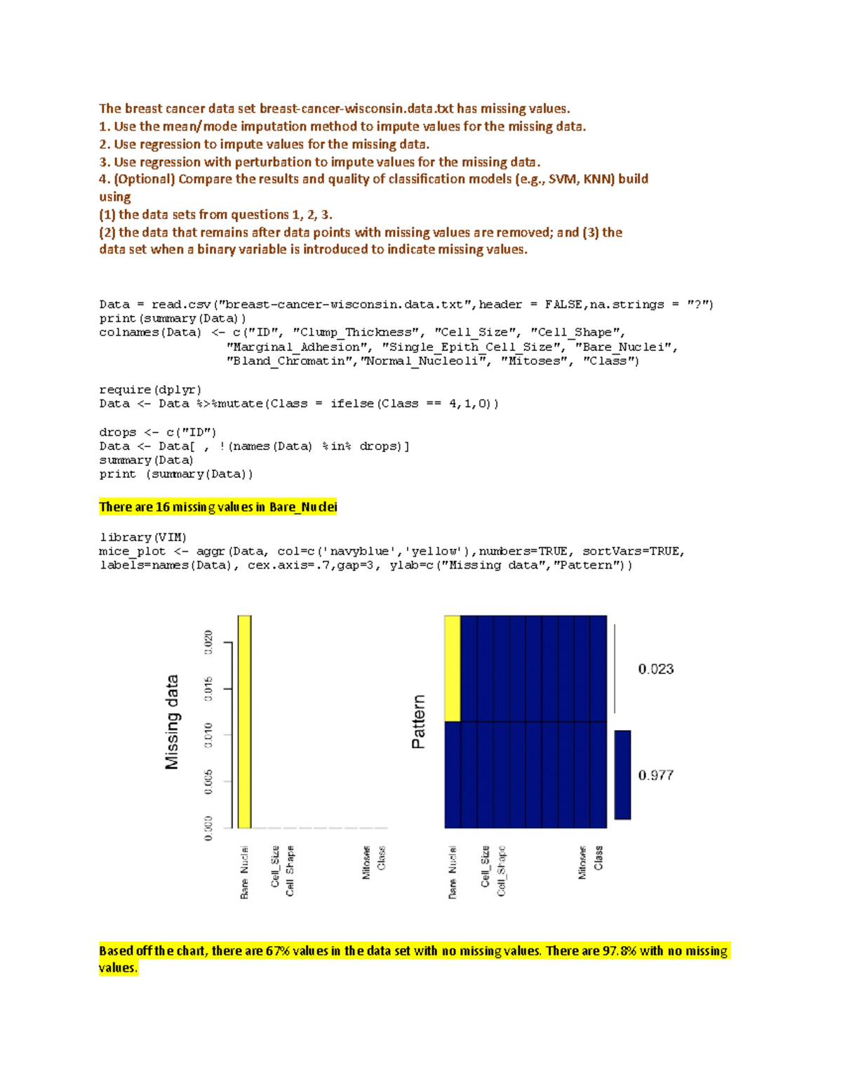 Hw 10 - hw 10 - The breast cancer data set breast-cancer-wisconsin.data has missing values. 1 ...