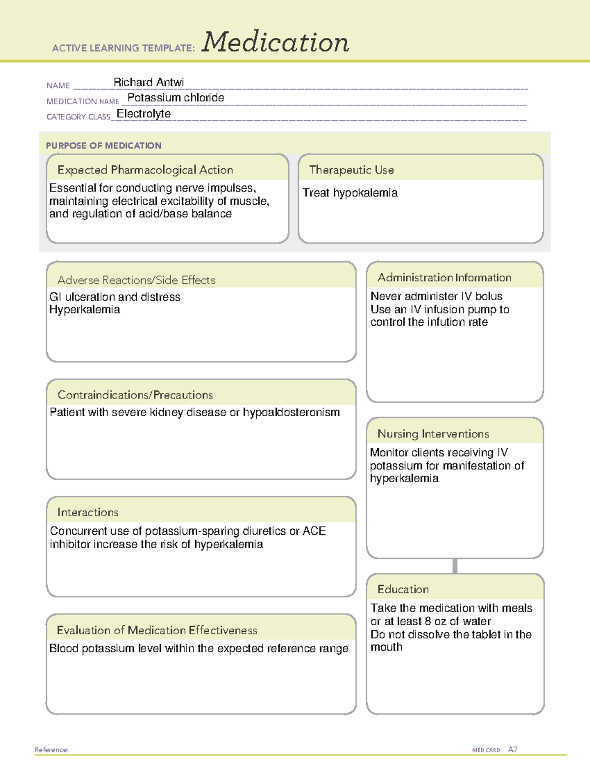 Medication potassium chloride - Reference: MED CARD A Medication NAME ...