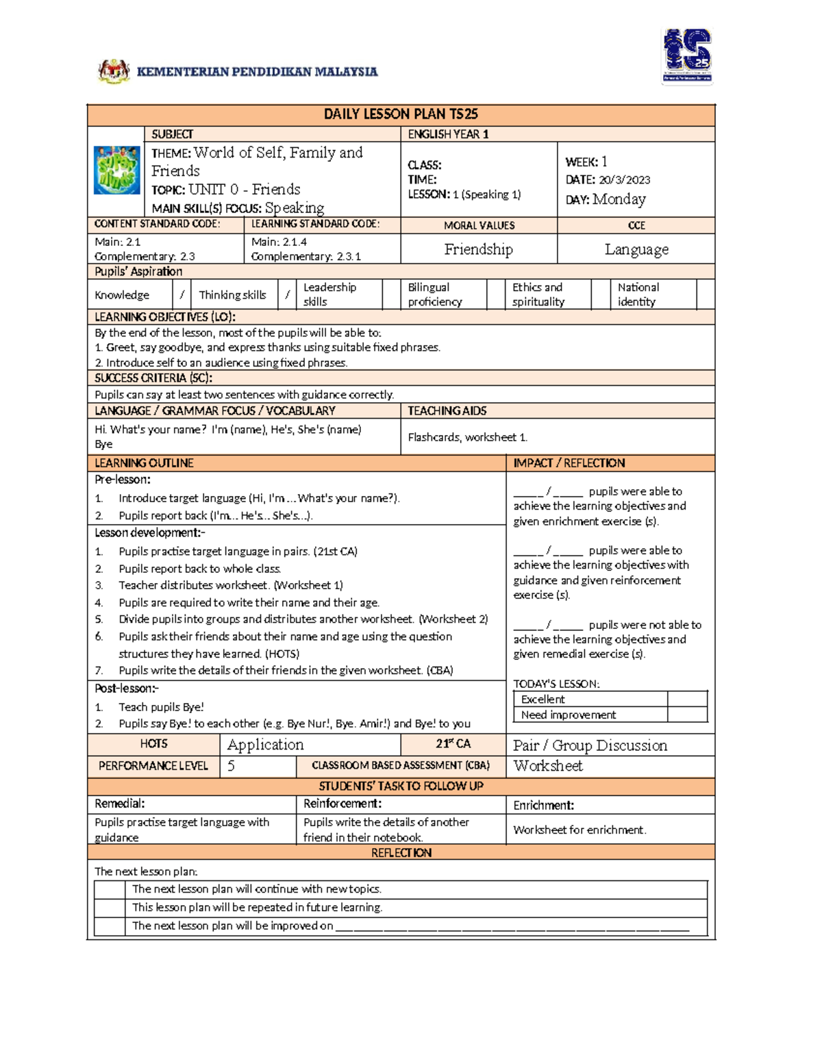 10.2 BI Y1 LP TS25 - Unit 0 (LP 1-17) - DAILY LESSON PLAN TS SUBJECT ...