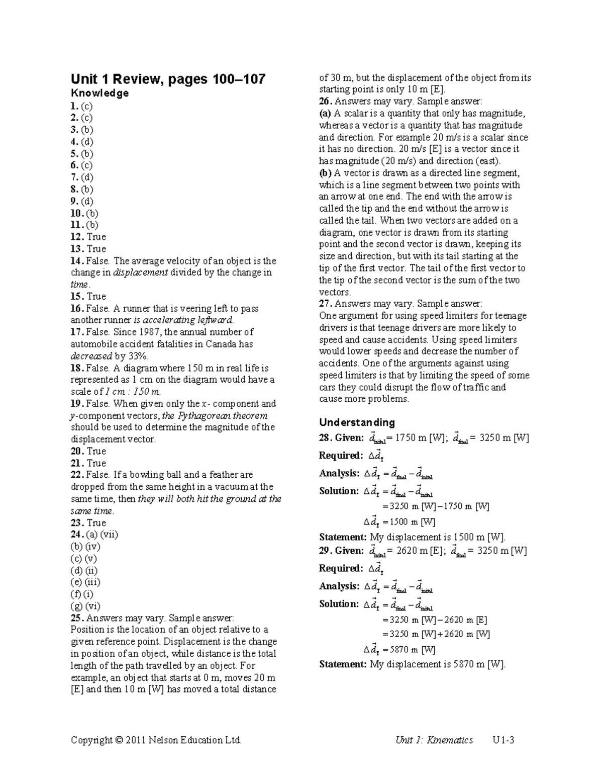 Phys11 sm unit1 r - answer work sheet - Unit 1 Review, pages 100– 107 ...