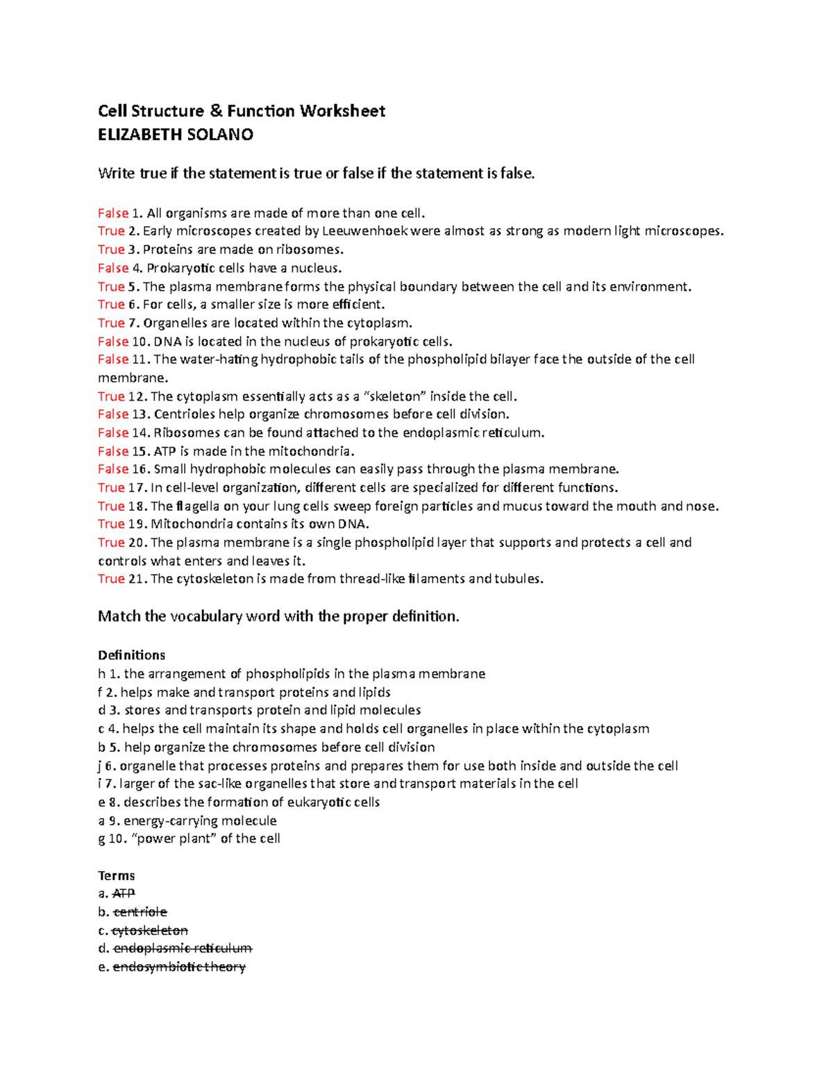 M1A4 Cell Structure worksheet - Cell Structure & Function Worksheet ...