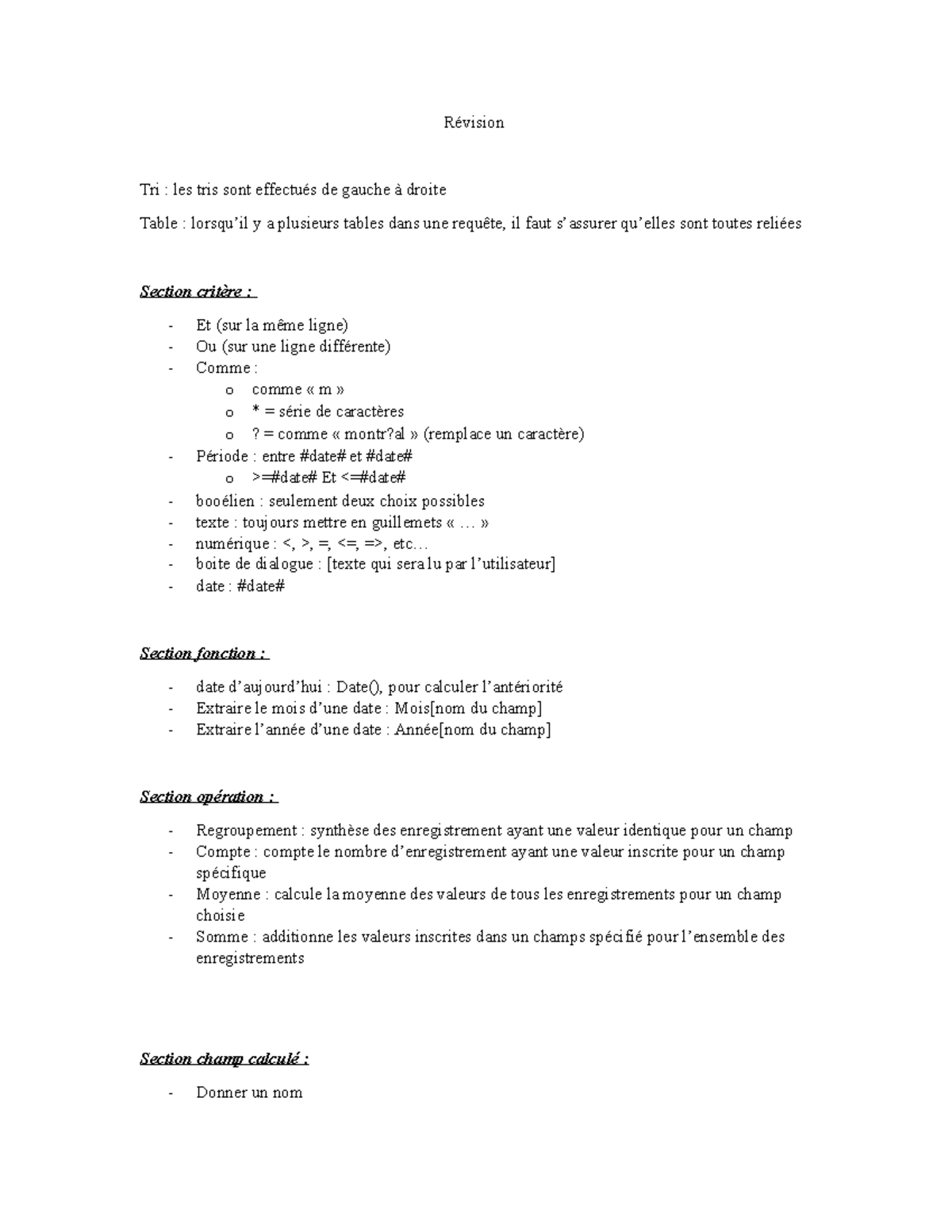 Liste de manipulation d'Access - Révision Tri : les tris sont effectués ...