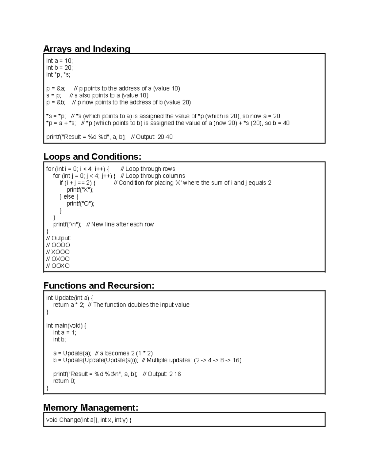 131 cheat sheet - Arrays and Indexing int a = 10; int b = 20; int *p ...