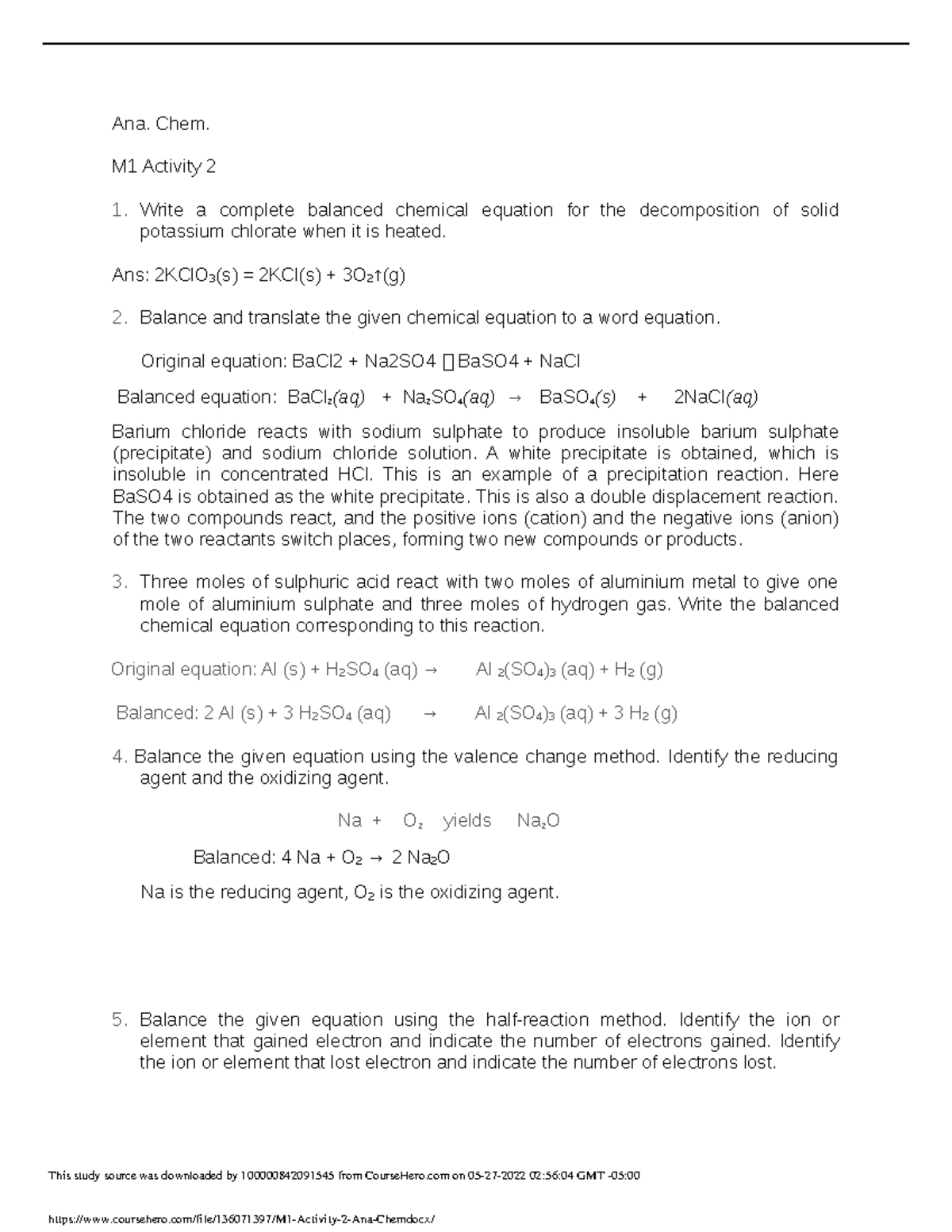 M1 Activity 2 Ana. Chem - Thank you - Ana. Chem. M1 Activity 2 Write a complete balanced ...