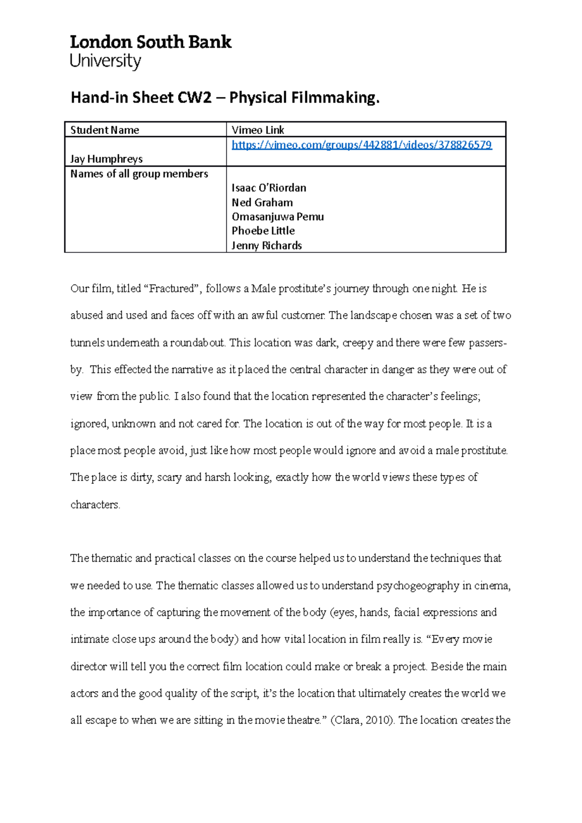 Hand-In Sheet CW2 Physical Filmmaking (FAM 4 PFM) - Hand-in Sheet CW2 ...