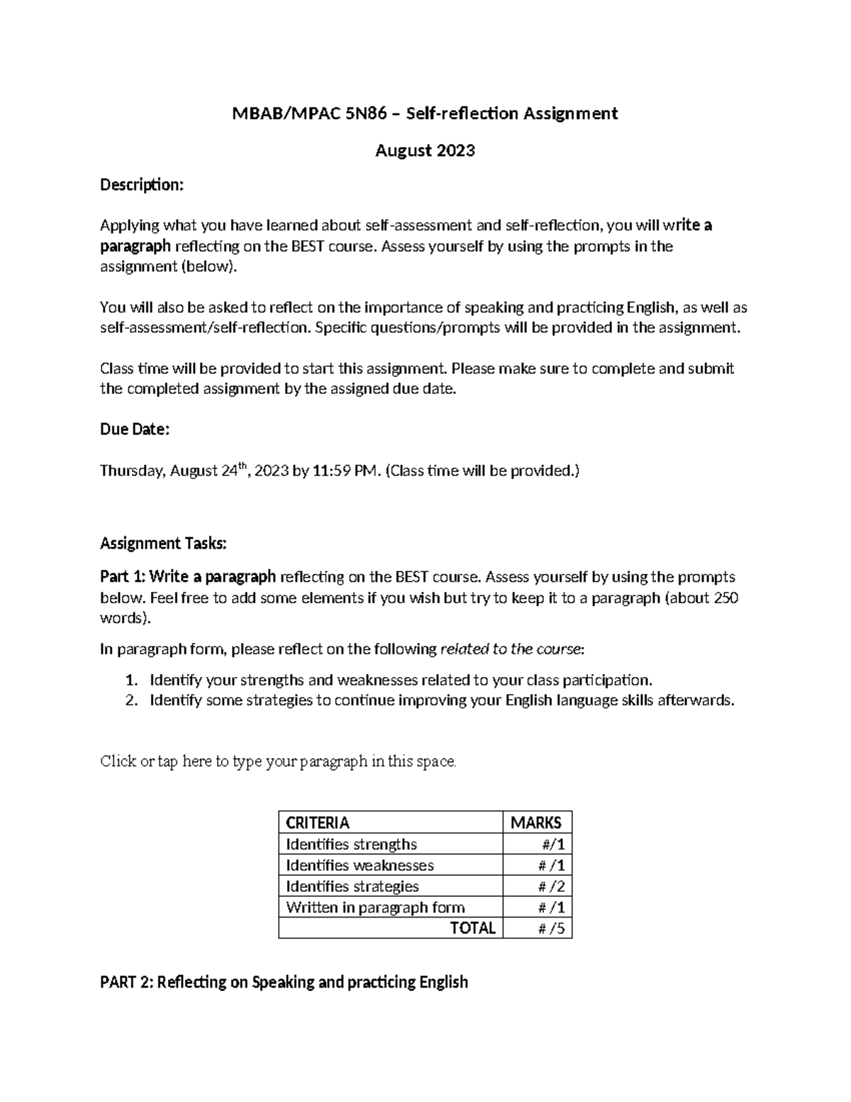 Self-reflection Exercise 5N86 2023 - MBAB/MPAC 5N86 – Self-reflection ...