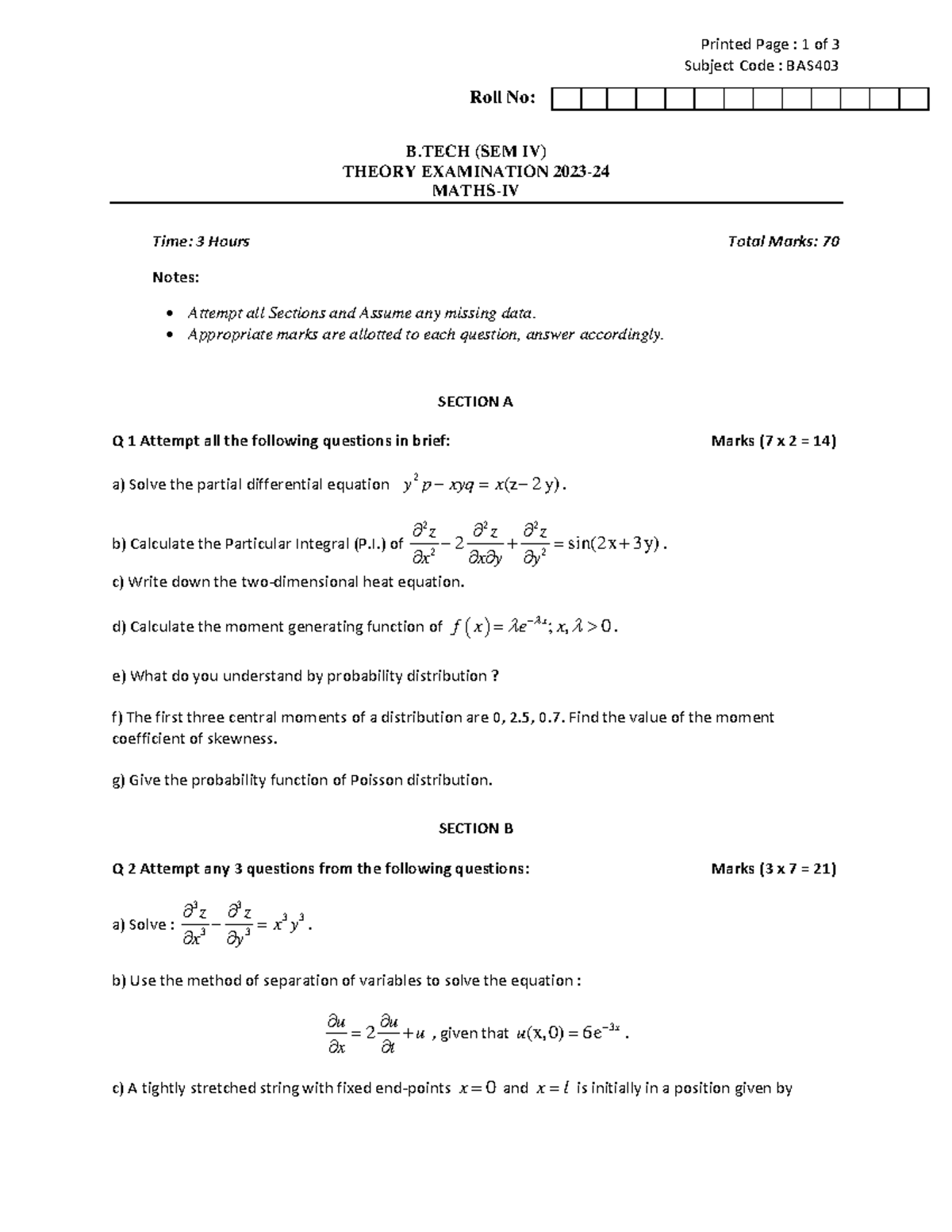 Maths IV (PUT) - For practice - Printed Page : 1 of 3 Subject Code ...