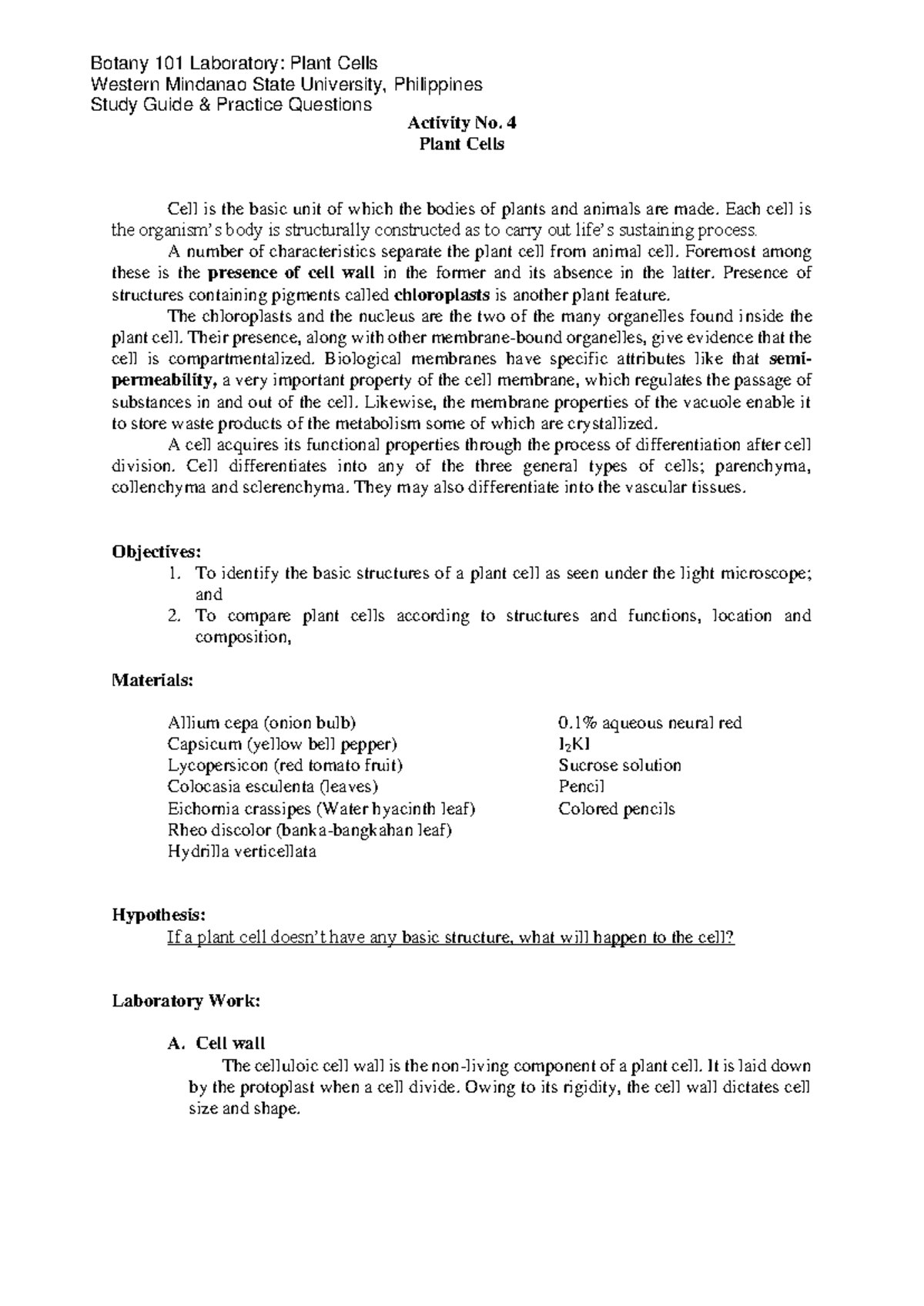 BOT-101- Activity-NO.-4-(plant cells) - Activity No. 4 Plant Cells Cell ...