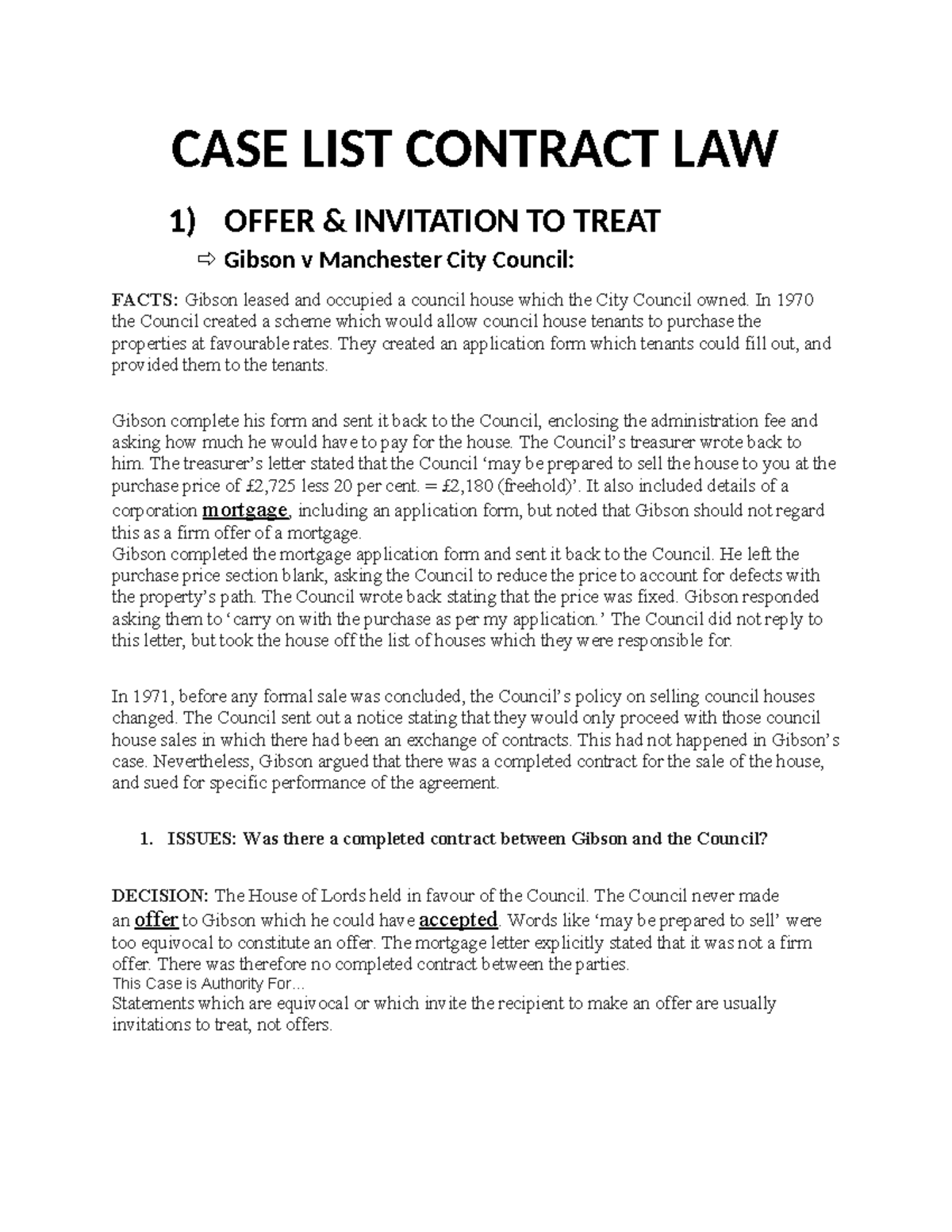 Contract Law Case list offer Acceptance - CASE LIST CONTRACT LAW 1 ...