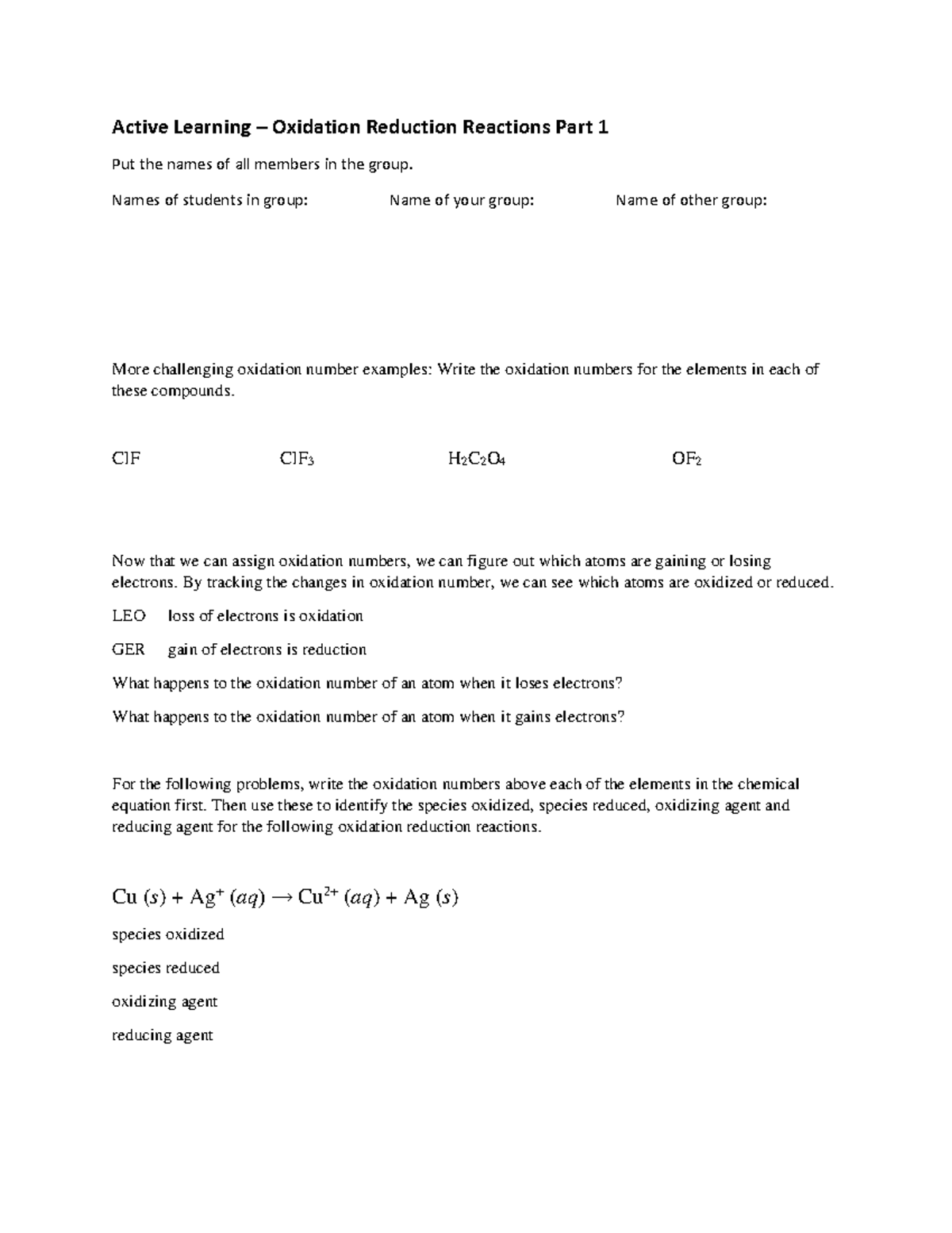 Active Learning Redox Part 1-1 - Active Learning – Oxidation Reduction ...