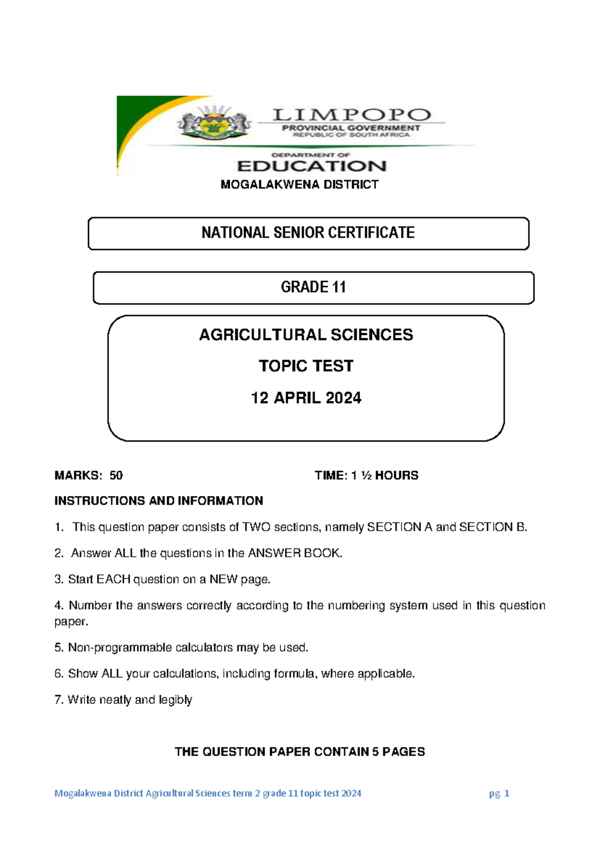 AGRS Grade term 2 Topic test 2024 Grade 11 - MOGALAKWENA DISTRICT MARKS ...