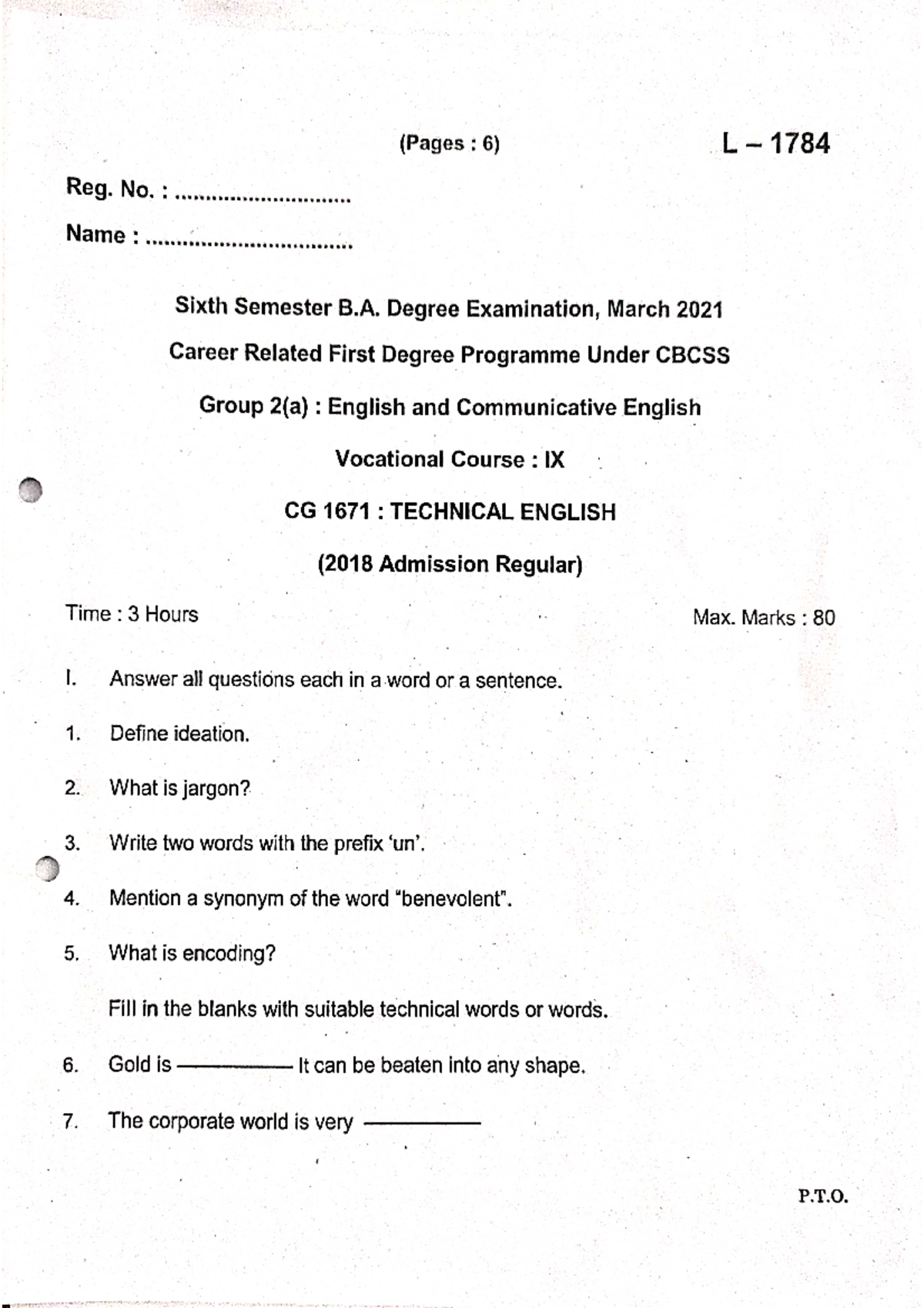 Technical english University Question Paper - English Language - Studocu