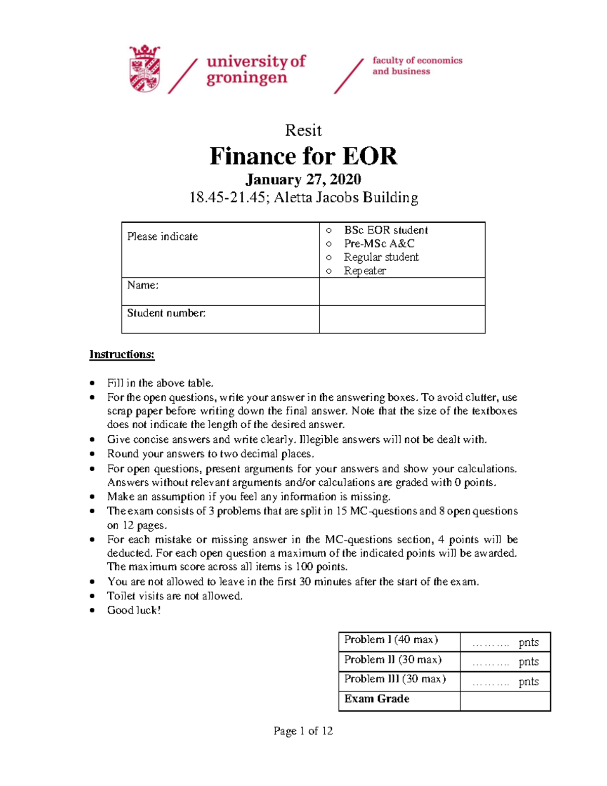 Finance for EOR Resit - January 27 2020 Solutions - Resit Finance for EOR January 27, 2020 18.45 ...