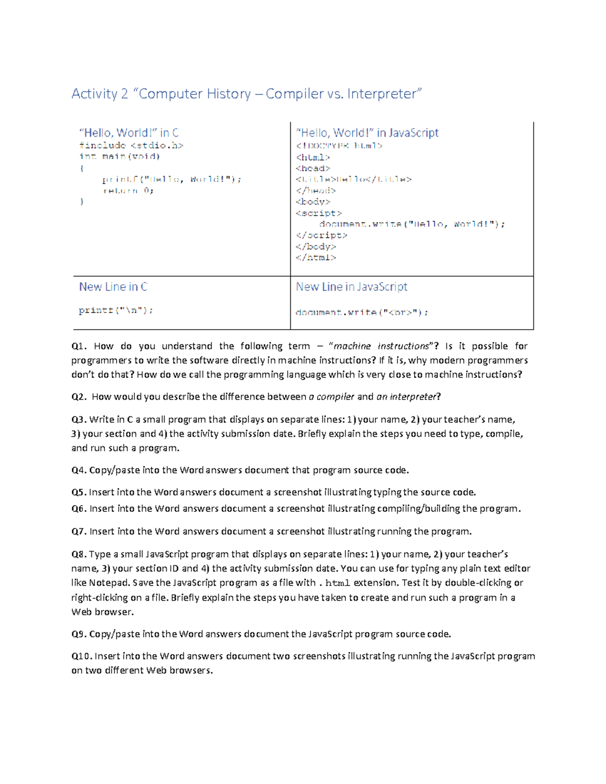 Activity 2 Compilers Interpreters - Activity 2 “Computer History – Compiler vs. Interpreter” Q1 ...