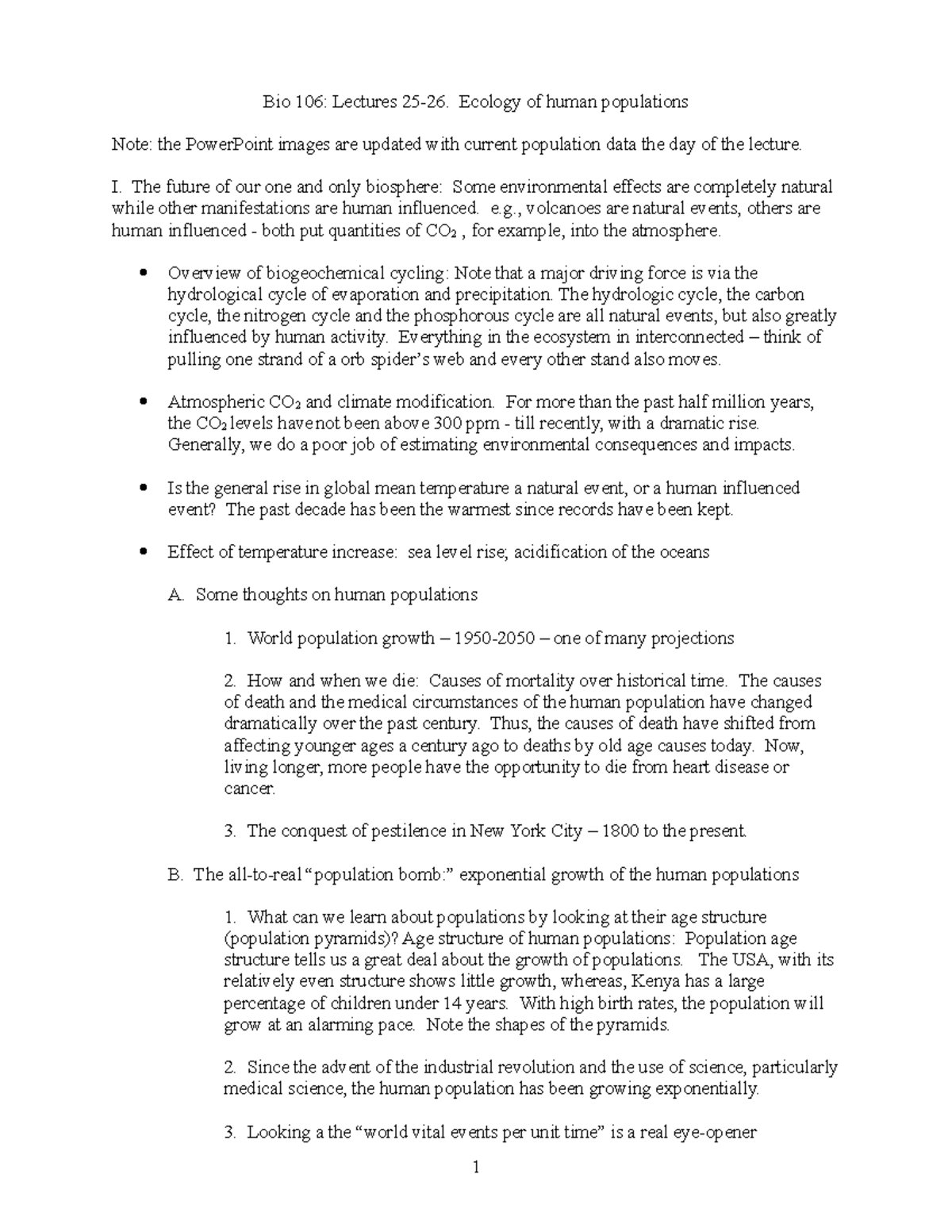 Lecture 26, Outline - notes - Bio 106: Lectures 25-26. Ecology of human ...